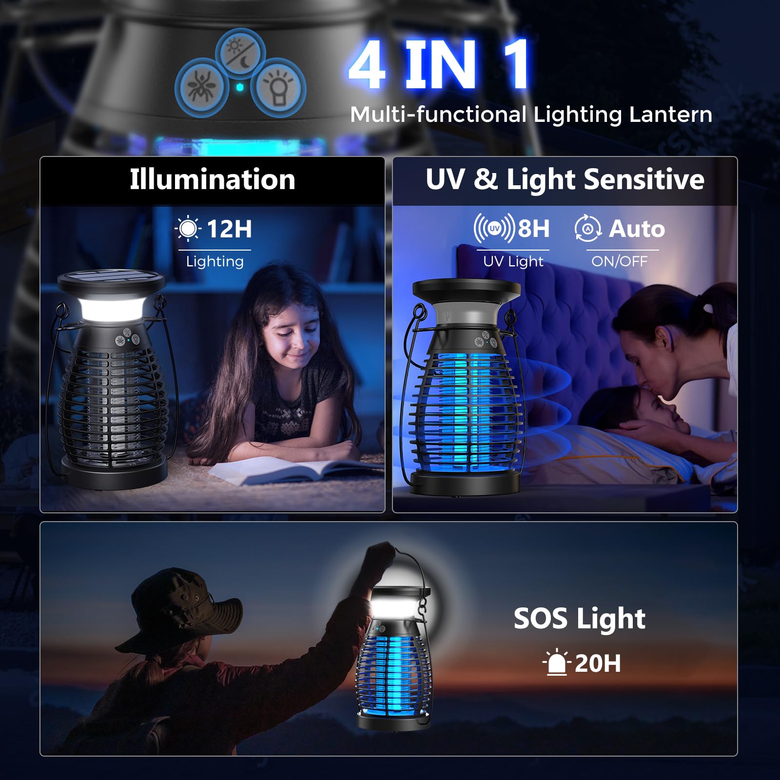 GTERT Solar Bug Zapper, 4200V Mosquito Zapper Outdoor, 4 in 1 Cordless Bug Zapper, Rechargeable Bug Zapper Outdoor Solar Powered with 4000mAh Battery, Portable Waterproof Fly Zapper for Patio