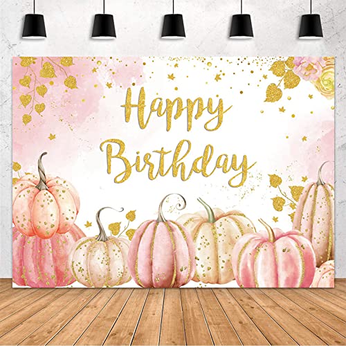 MEHOFOND Pumpkin Birthday Party Decorations Backdrop Gold Pink Pumpkin Girl Birthday Party Decor Supplies Photography Background Banner Dessert Table Photo Booth Studio 10x7ft
