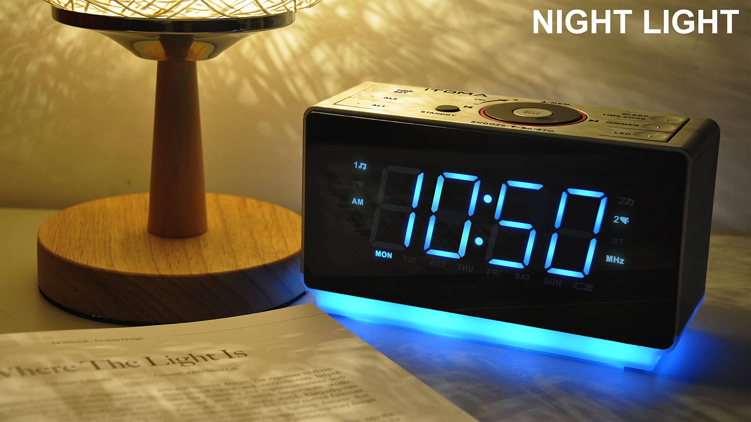 iTOMA Alarm Clock Radio with Bluetooth Speaker, FM Radio, Dual Alarm with Snooze, Large LED Display, Dimmer Control, USB Charging Output and Night Light CKS708