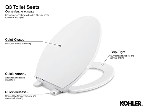 Kohler 4734-0 Rutledge Elongated, Grip-Tight Bumpers, Quiet-Close Release Hinges, Quick-Attach Hardware, No Slam Toilet Seat, White