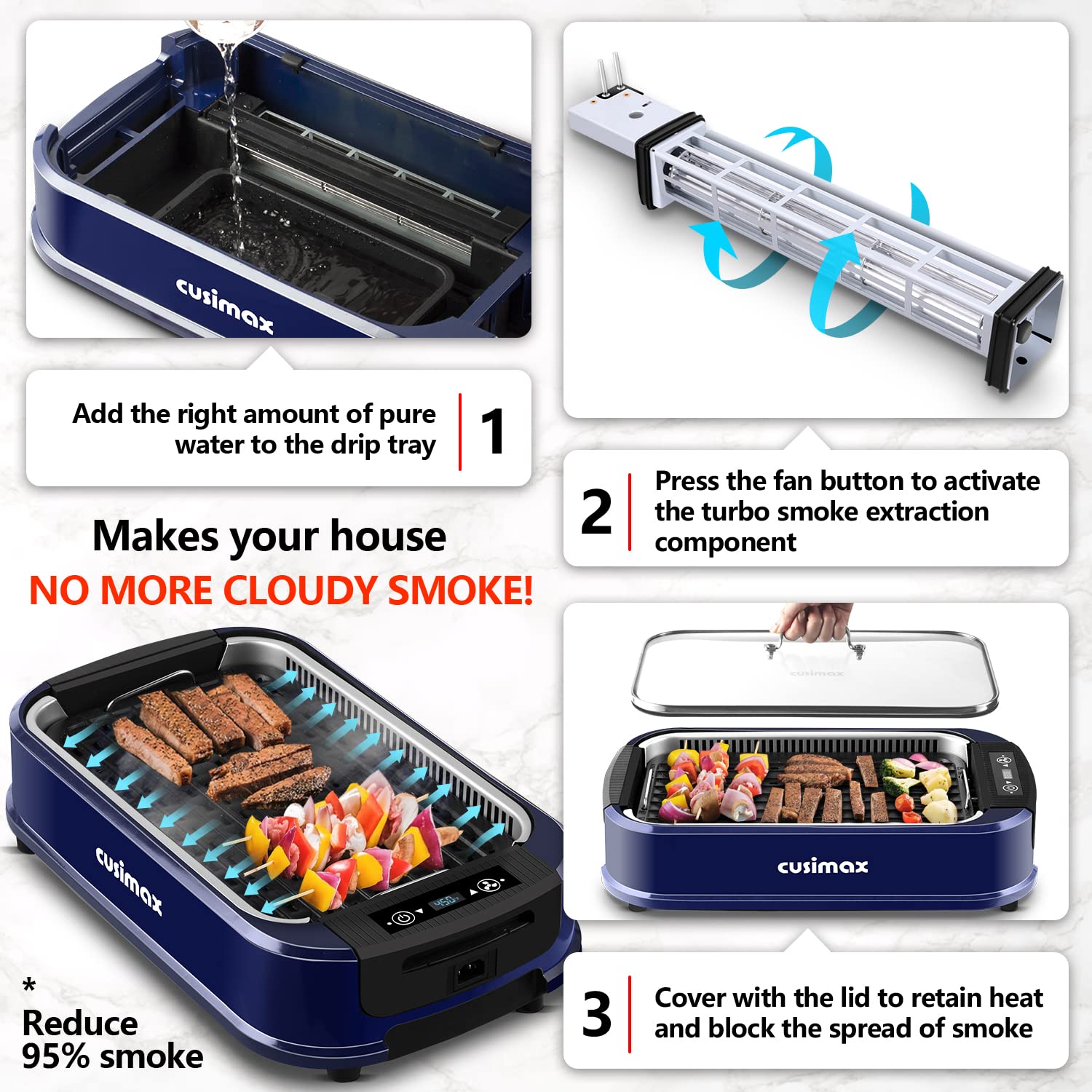 Smokeless Grill, CUSIMAX 1500W Indoor Grill, Electric Grill Griddle with LED Smart Display & Tempered Glass Lid, Portable Korean BBQ Grill, Non-stick Removable Grill & Griddle Plate