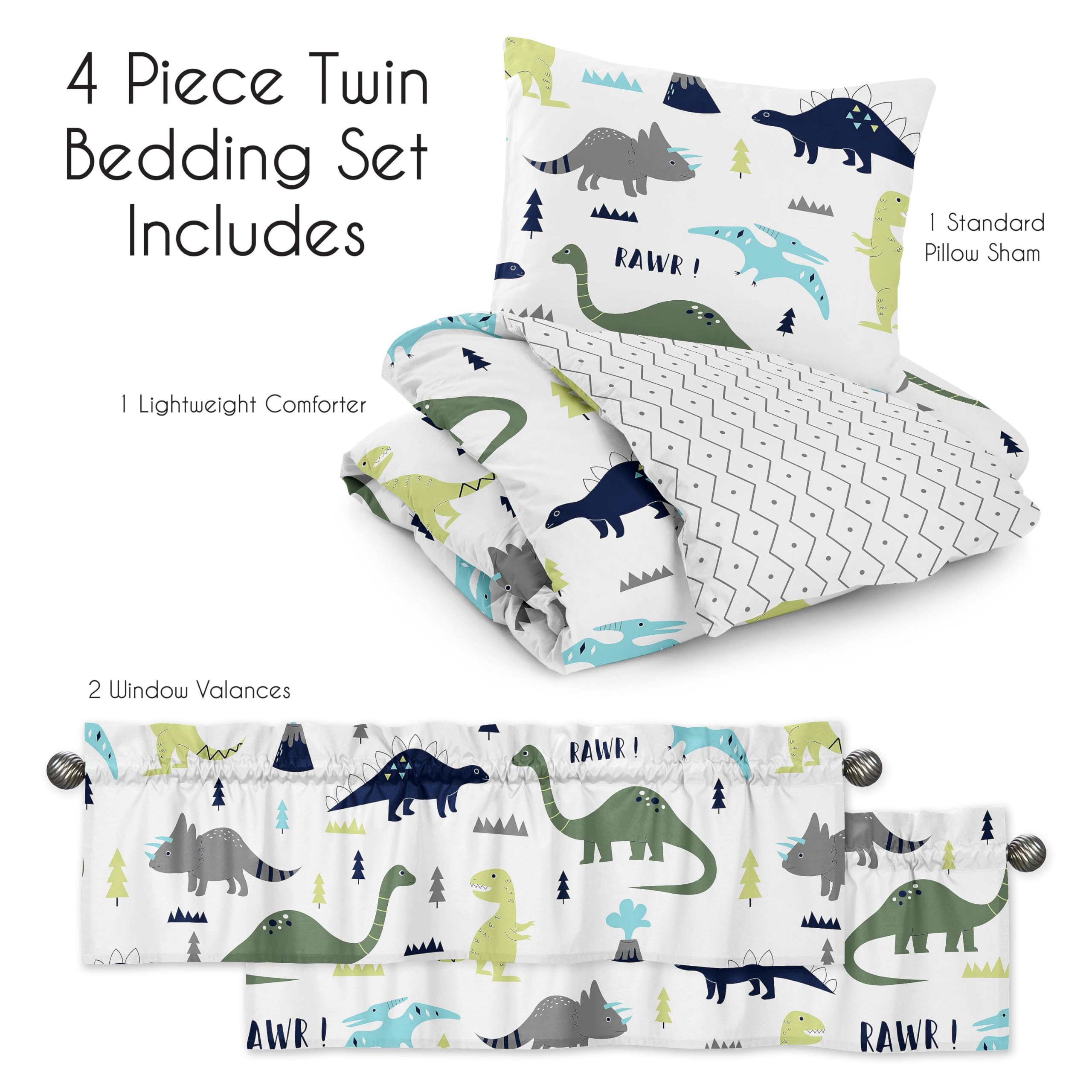 Navy Blue and Green Modern Dinosaur Boys or Girls 4 Piece Kids Teen Twin Bedding Set Collection