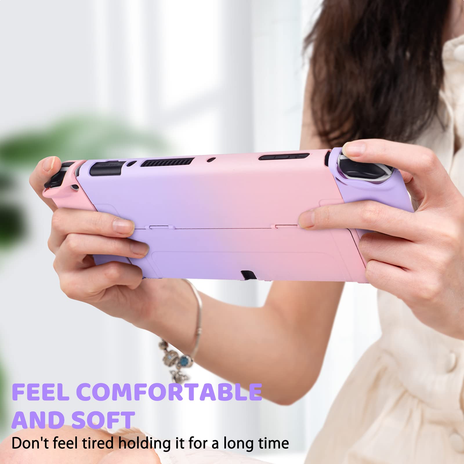 DLseego Protective Case Design for Nintendo Switch OLED Joy-Con Controllers New Model 2021 with Glass Screen Protector and 4 Cute Thumb Grip Caps, Anti-Scratch Touch Grip Cover – Pink & Purple
