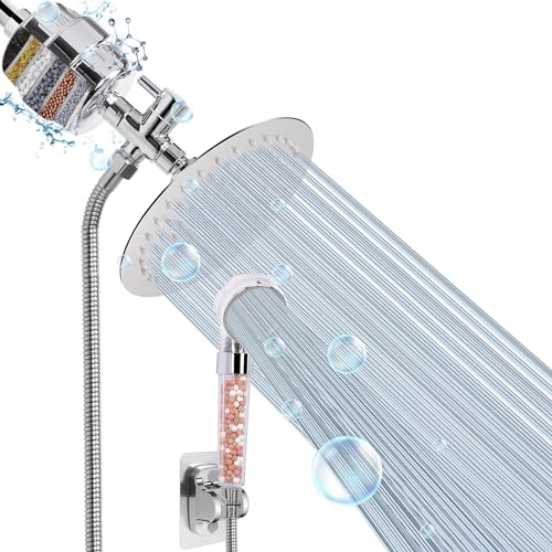 HarJue Filtered Shower Head, High Pressure 8″ Round Showerhead with Filter Combo for Hard Water, Remove Chlorine Fluoride and Harmful Substances- 1 Replaceable Filter Cartridge, Chrome