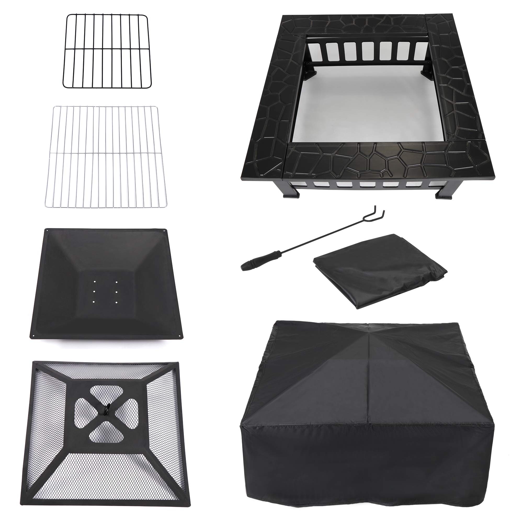 LEMY 32 inch Outdoor Fire Pit Square Metal Firepit Backyard Patio Garden Stove Wood Burning Fire Pit W/Rain Cover, Faux-Stone Finish