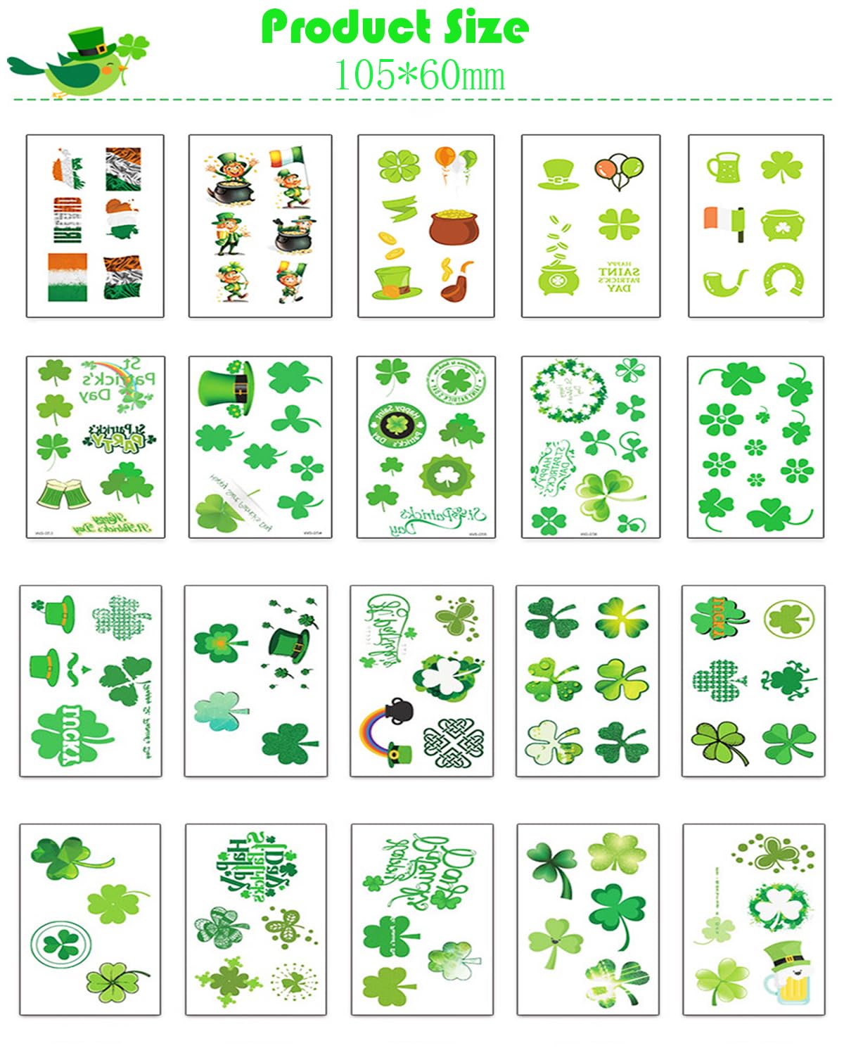 St Patricks Day Tattoos, 20 Unique Sheets St. patrick's Day Temporary Tattoos Shamrock, 4 Leaf Clover Temporary Tattoos Irish St Patricks Day Decorations (180+Pcs)