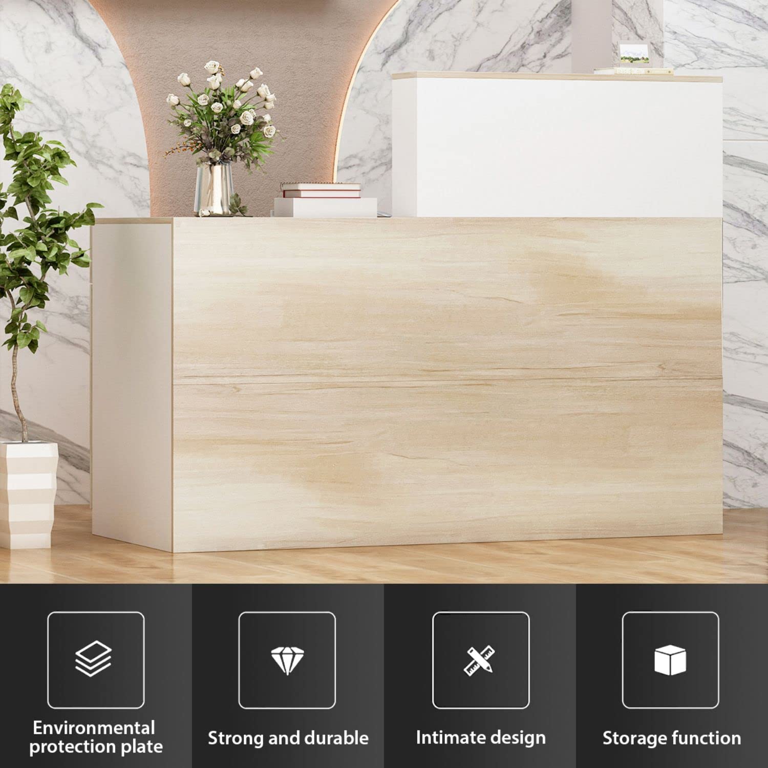 FAMAPY Reception Desk Retail Counter with Lockable Drawer & Shelves, Front Counter Desk Reception Counter Table for Salon Lobby Shop White and Oak (55.1”W x 23.6”D x 43.3”H)