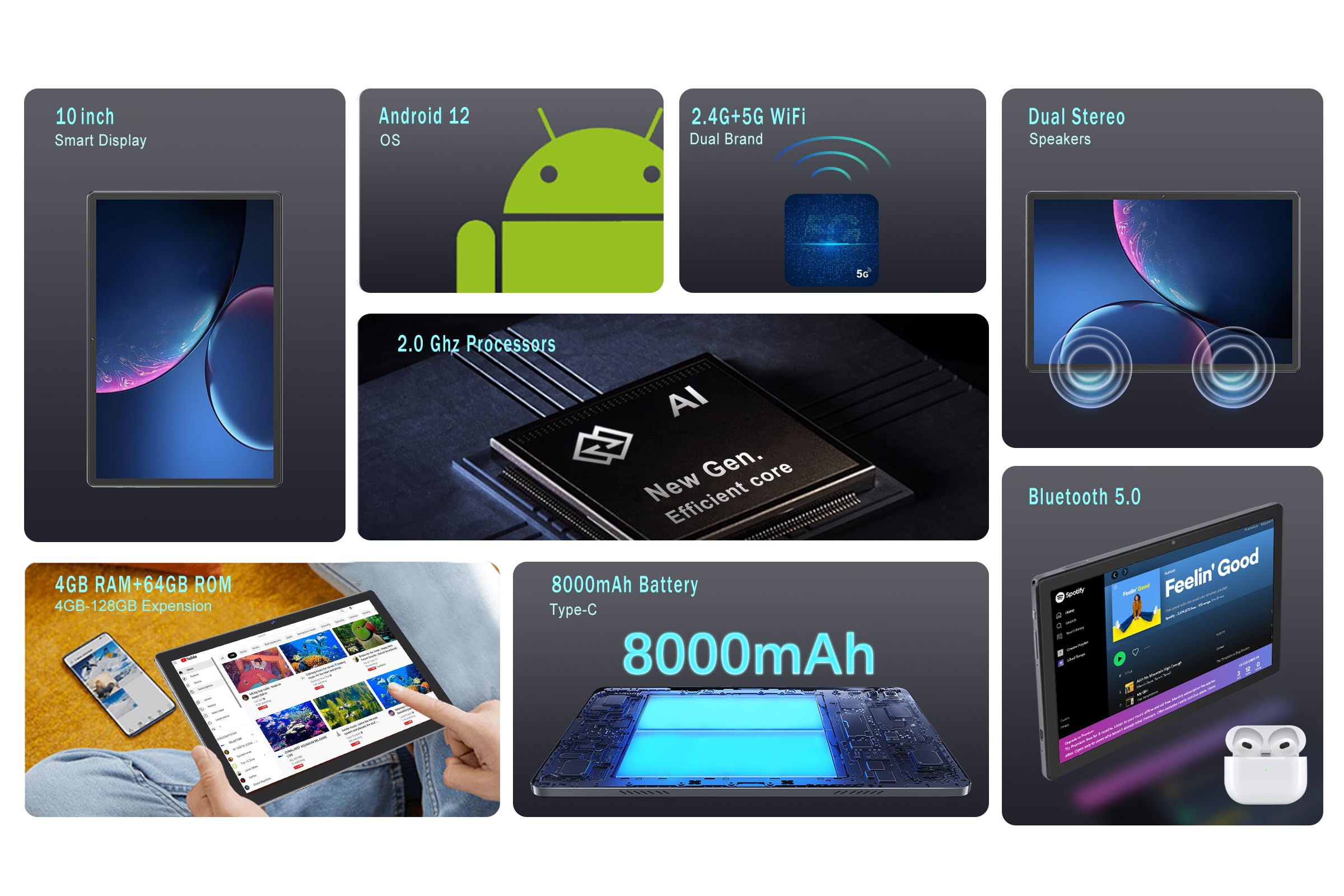 JUSYEA 2023 Android 12 J10 Tablet: 10 Inch Tablets 4GB RAM, 64GB ROM Expandable 128GB, Octa-core processors-8000mAh Battery, 5G+2.4G Wi-Fi, Bluetooth 5.0, with Mouse丨Keyboard and More - Gray