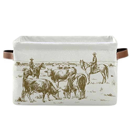 Kigai 1 Pack Storage Basket Western Cow Boys Foldable Storage Box Laundry Hamper with Handle Toy Storage Bin for Home Closet Office Shelf