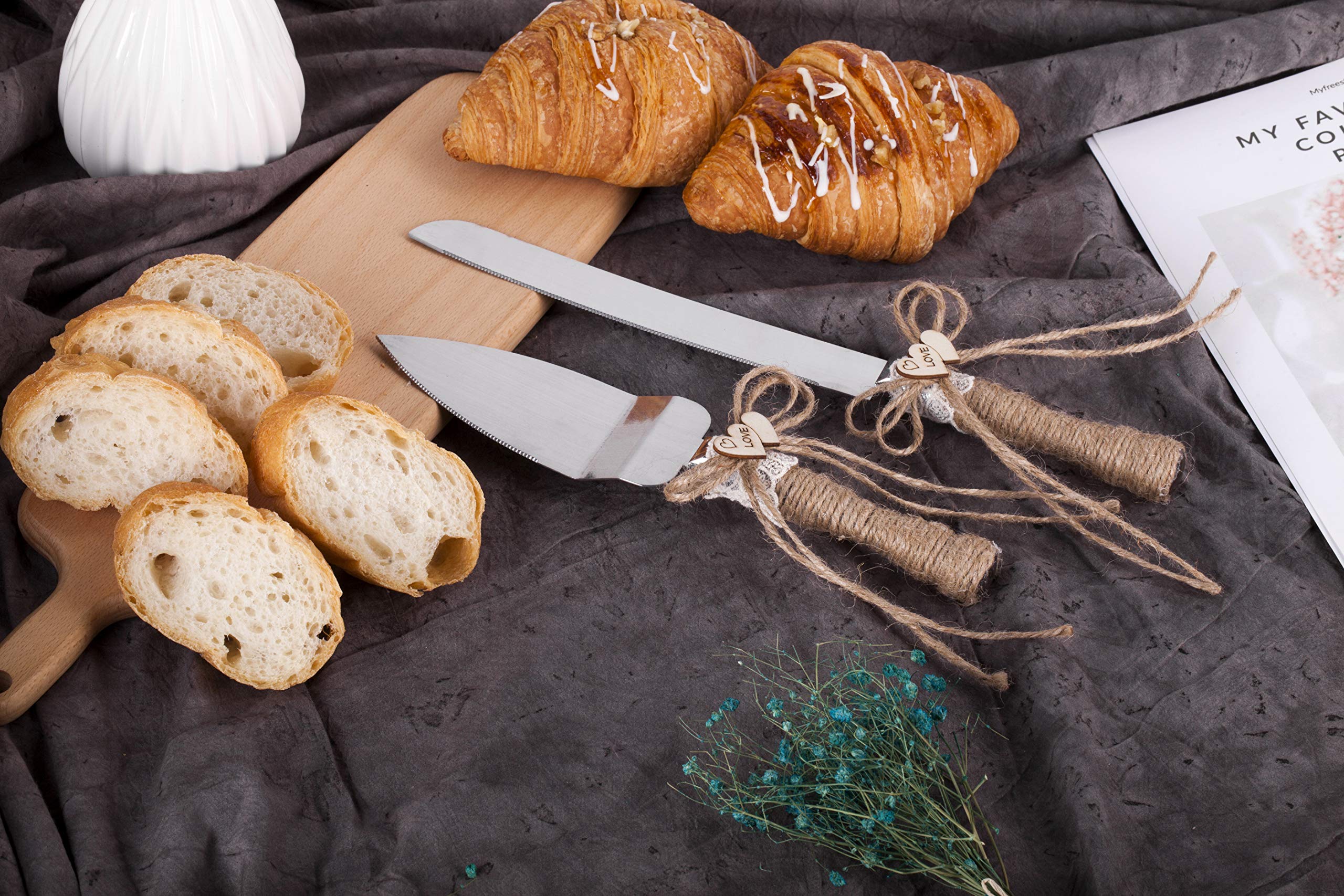 Rustic Wedding Cake Knife and Server Set-ULA Natural Burlap Twine Handle Wood Heart Cutlery for Wedding Gift,Cake Cutting Set for Wedding Rustic Wedding Decor (Burlap)