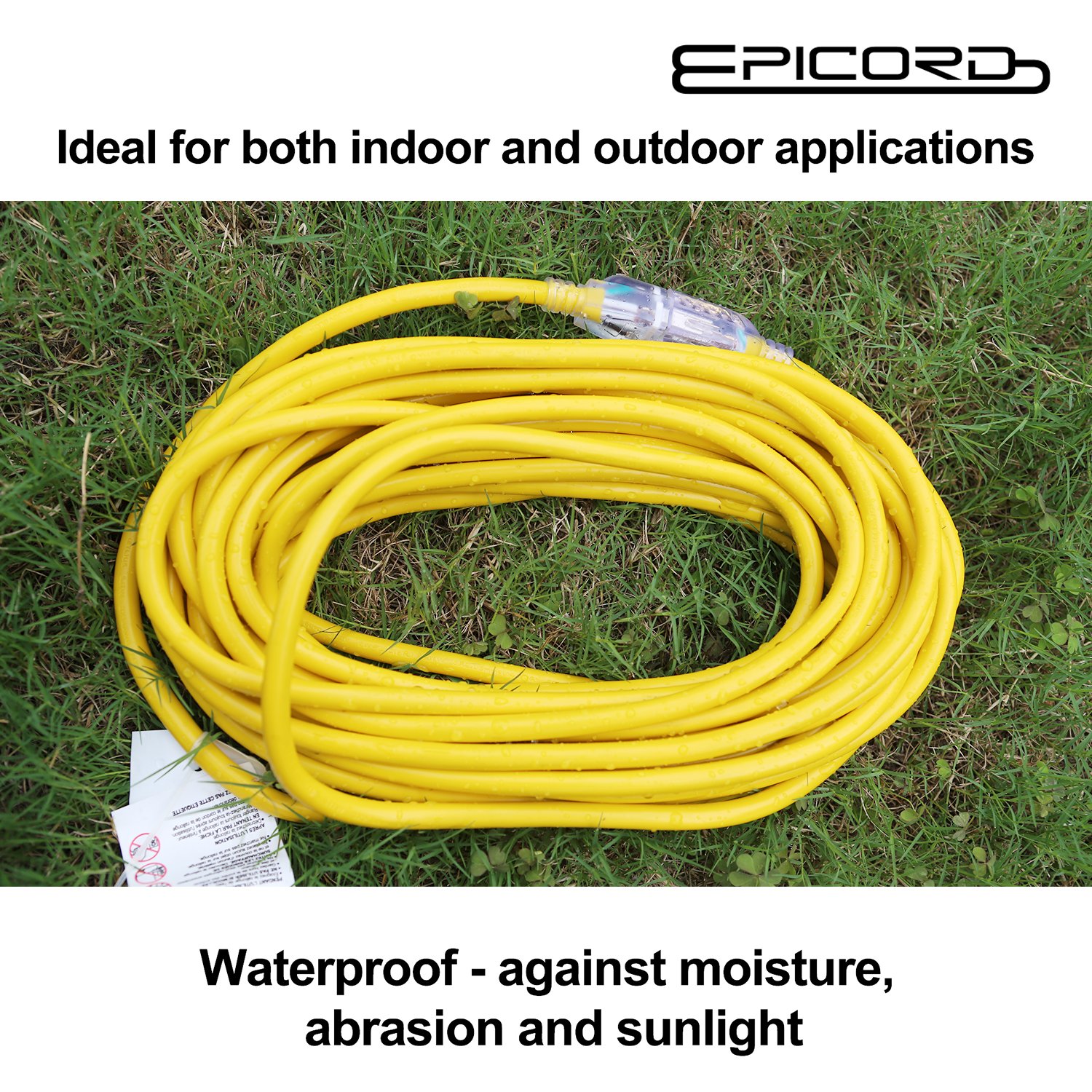 EPICORD 8 Ft Outdoor Extension Cord with 3 Electrical Power Outlets, 16/3 SJTW White 16 Gauge Extension Cable with 3 Prong Grounded Plug for Safety, ETL