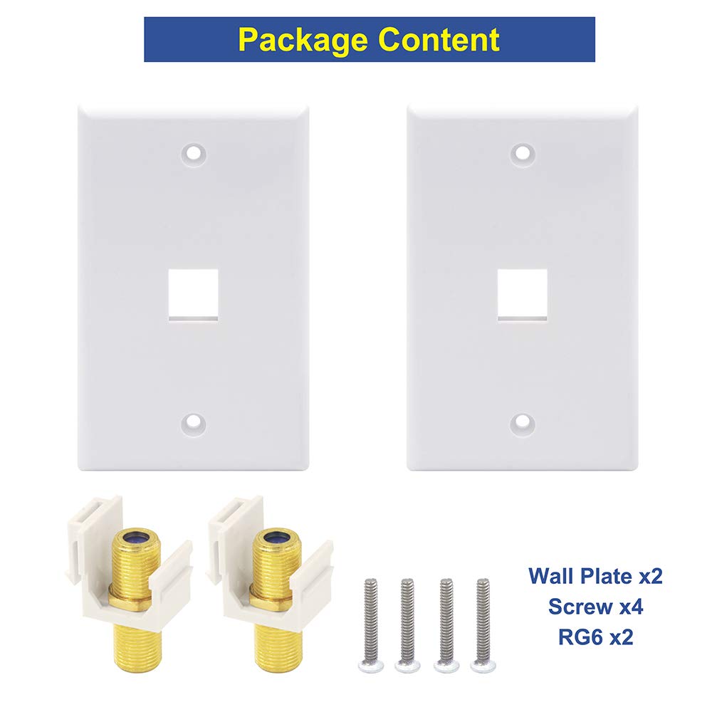 VCE Coax Wall Plate 2-Pack, 1-Port TV Cable Wall Plate 3GHz F-Type Keystone Wall Jack for Coaxial Cable, Single Gang, White