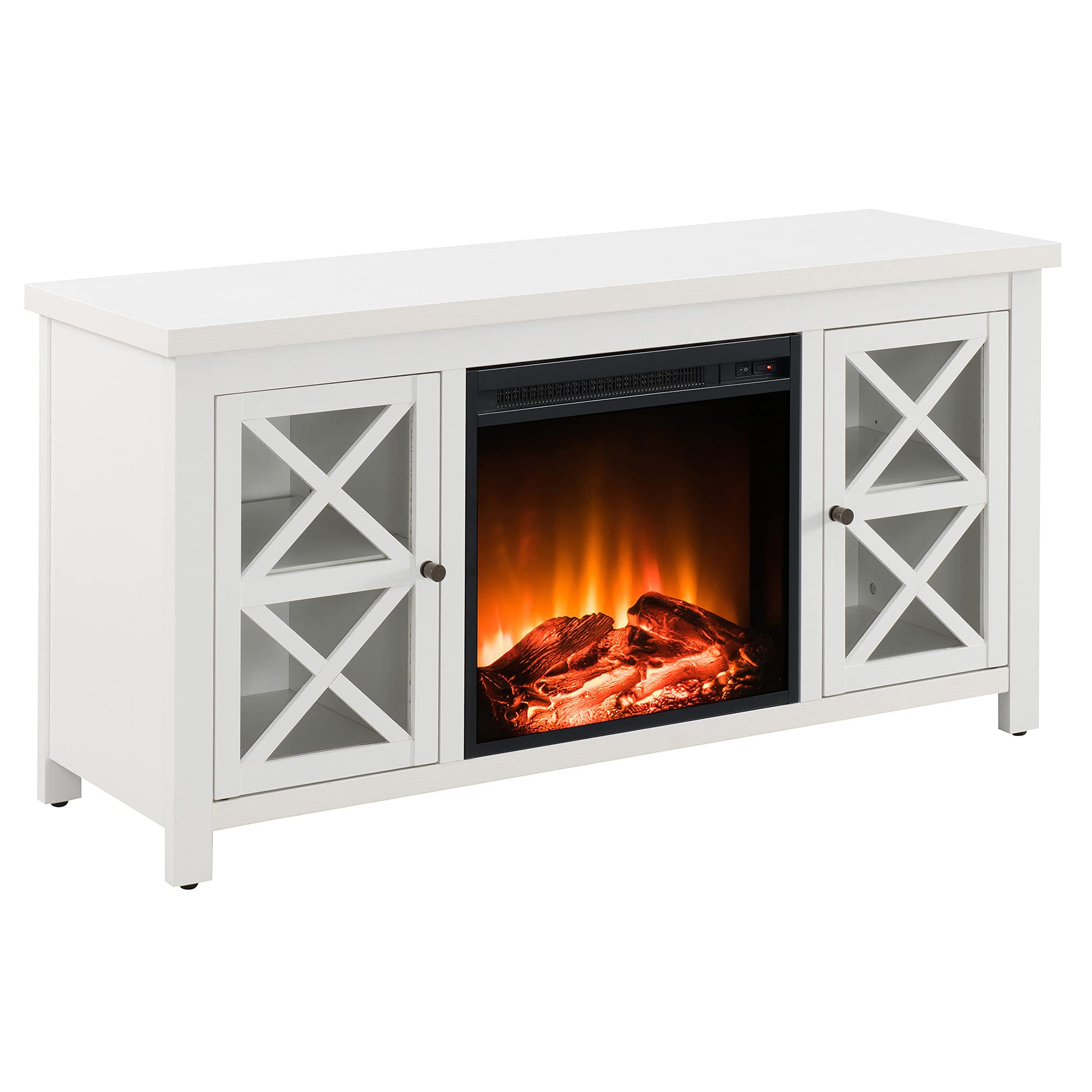 Henn&Hart Rectangular TV Stand with Log Fireplace for TV's up to 55" in White, Electric Fireplace TV Stands for the Living Room