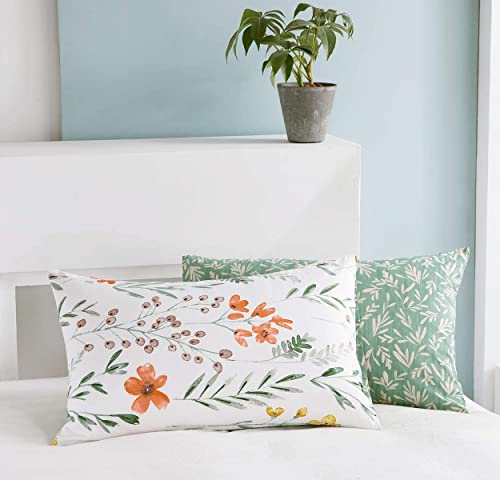 SLEEPBELLA Duvet Cover King, 600 Thread Count Cotton 3pcs Bedding Set Yellow Flowers and Green Branches Printed on White Reversible Comforter Cover