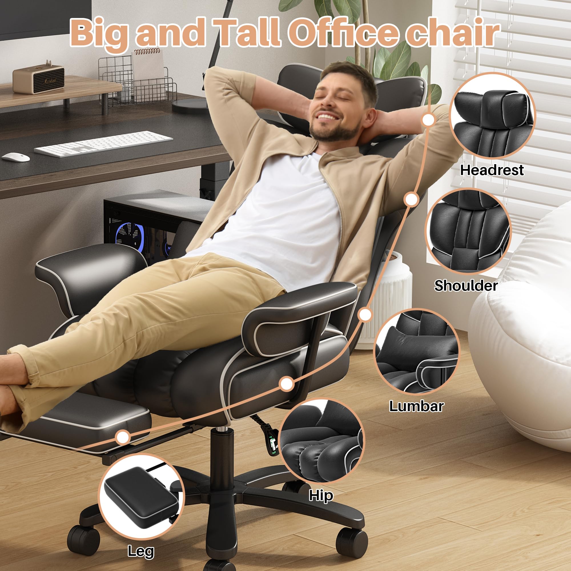 HomeZeer Big and Tall Office Chair 400lbs Wide Seat, Comfortable Reclining Office Chair with Footrest, High Back Leather Executive Office Desk Chair with Lumbar Support for Home Office