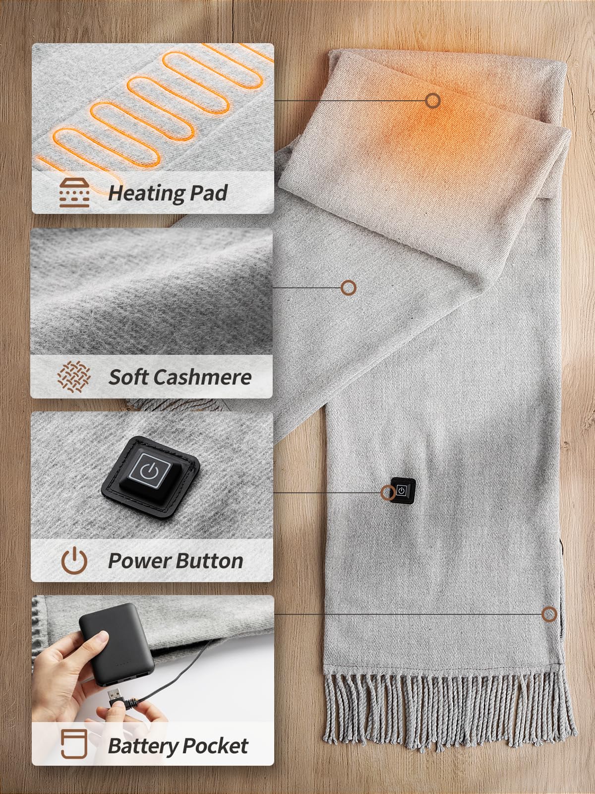 Eventek Heated Scarf for Men/Women with 5500mAh Battery, 3 Temperature Settings Battery Operated Heater for Winter