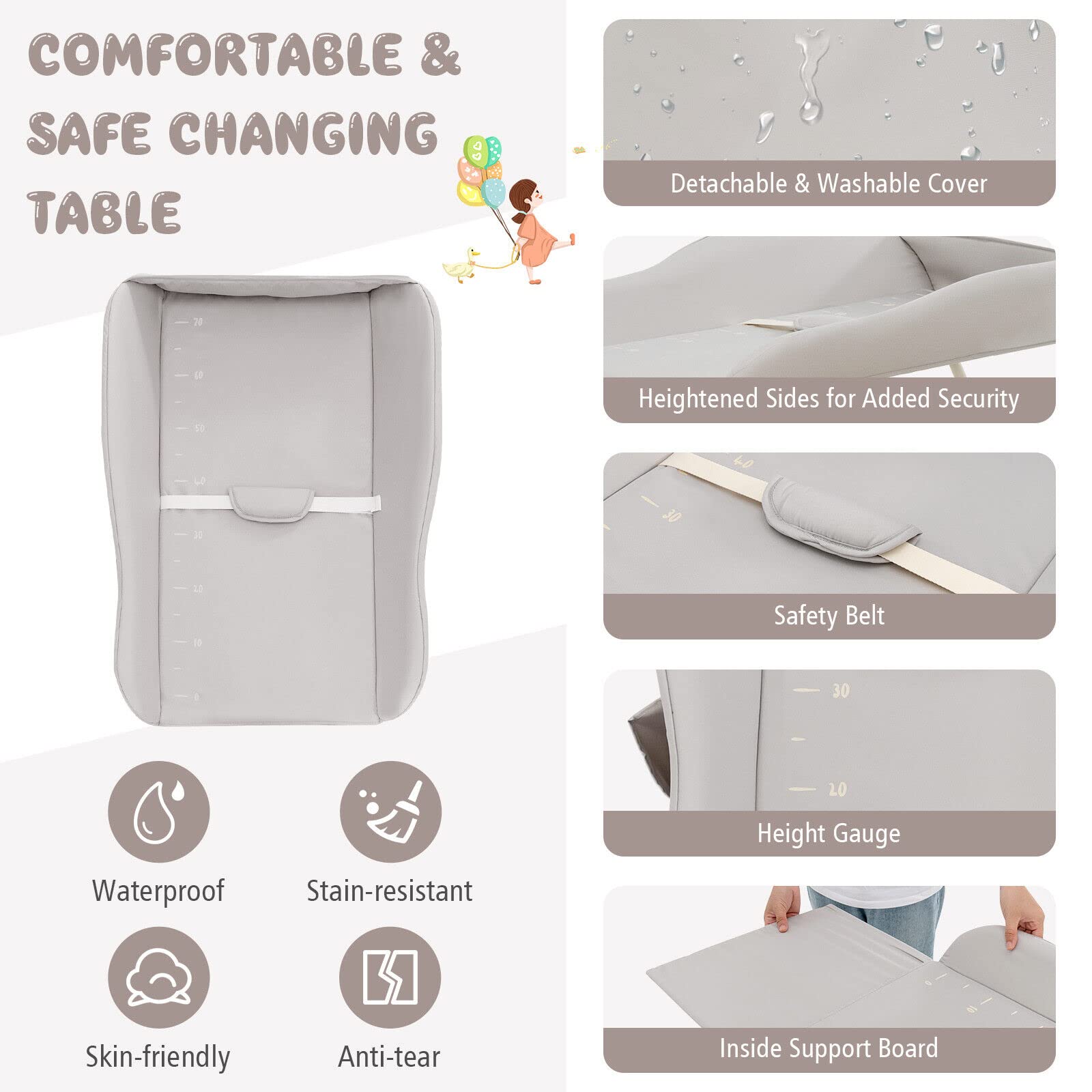 GLACER Foldable Diaper Changing Station, Height Adjustable Changing Table with Storage, Removable & Lockable Wheels, Safety Belt, Water Basin, Mobile Nursery Organizer for Baby Infant Newborn (Gray)