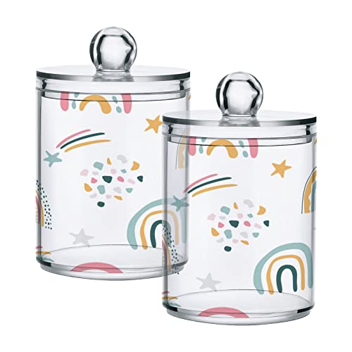 Kigai 2PCS Cartoon Rainbow Qtip Holder Dispenser with Lids - 14 oz Bathroom Storage Organizer Set, Clear Apothecary Jars Food Storage Containers, for Tea, Coffee, Cotton Ball, Floss