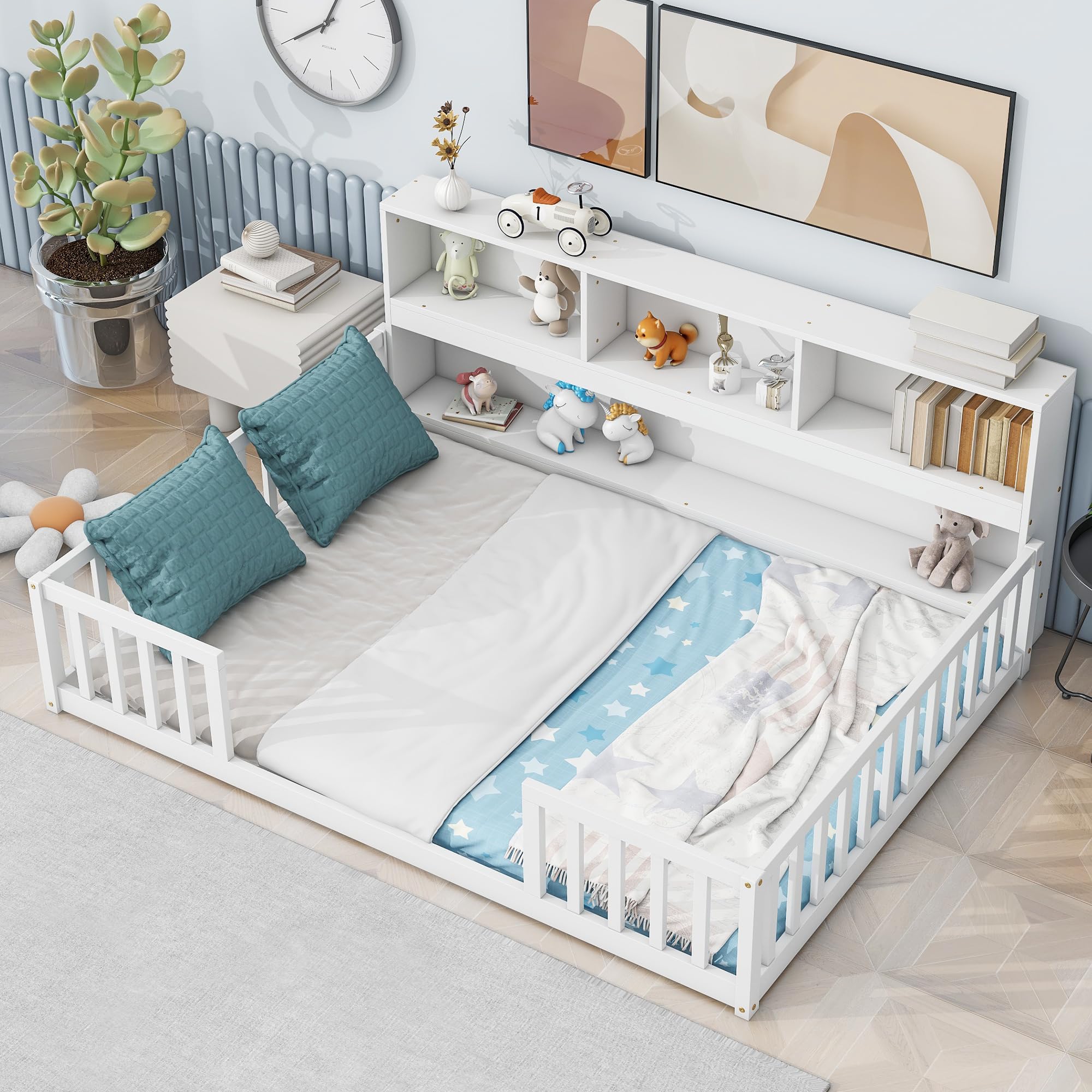 Harper & Bright Designs Full Size Floor Bed with Bedside Bookcase, Shelves, Guardrails, Wood Montessori Bed with Storage, White