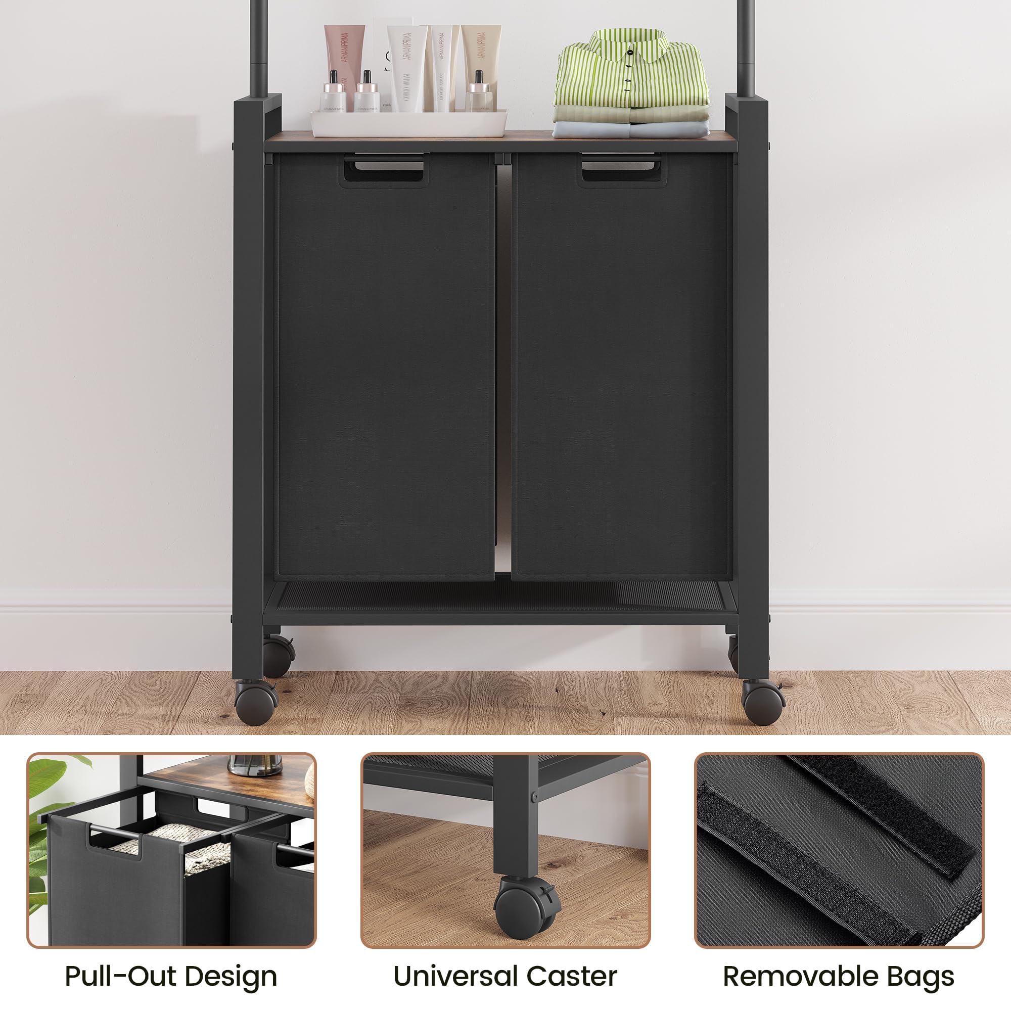 Laundry Hamper Cart with Hanging Bar, 2 x 13 Gal Laundry Sorter, 2 Removable Bags Laundry Baskets with Wood Top Table & Wheels, Laundry Sorter for Laundry Room Organization