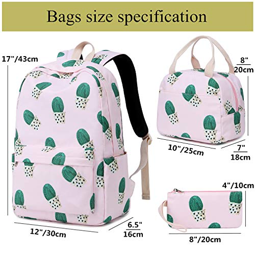 School Backpack Set 3 Pieces Lightweight Teen Girls Bookbags Insulated Lunch Bag Pencil Case (Cactus)