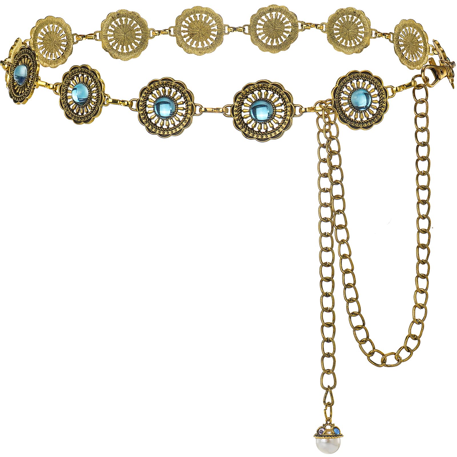 Glamorstar Vintage Chain Belts for Women Western Concho Metal Waist Belt for Dresses Gold Blue 105CM/41.3IN