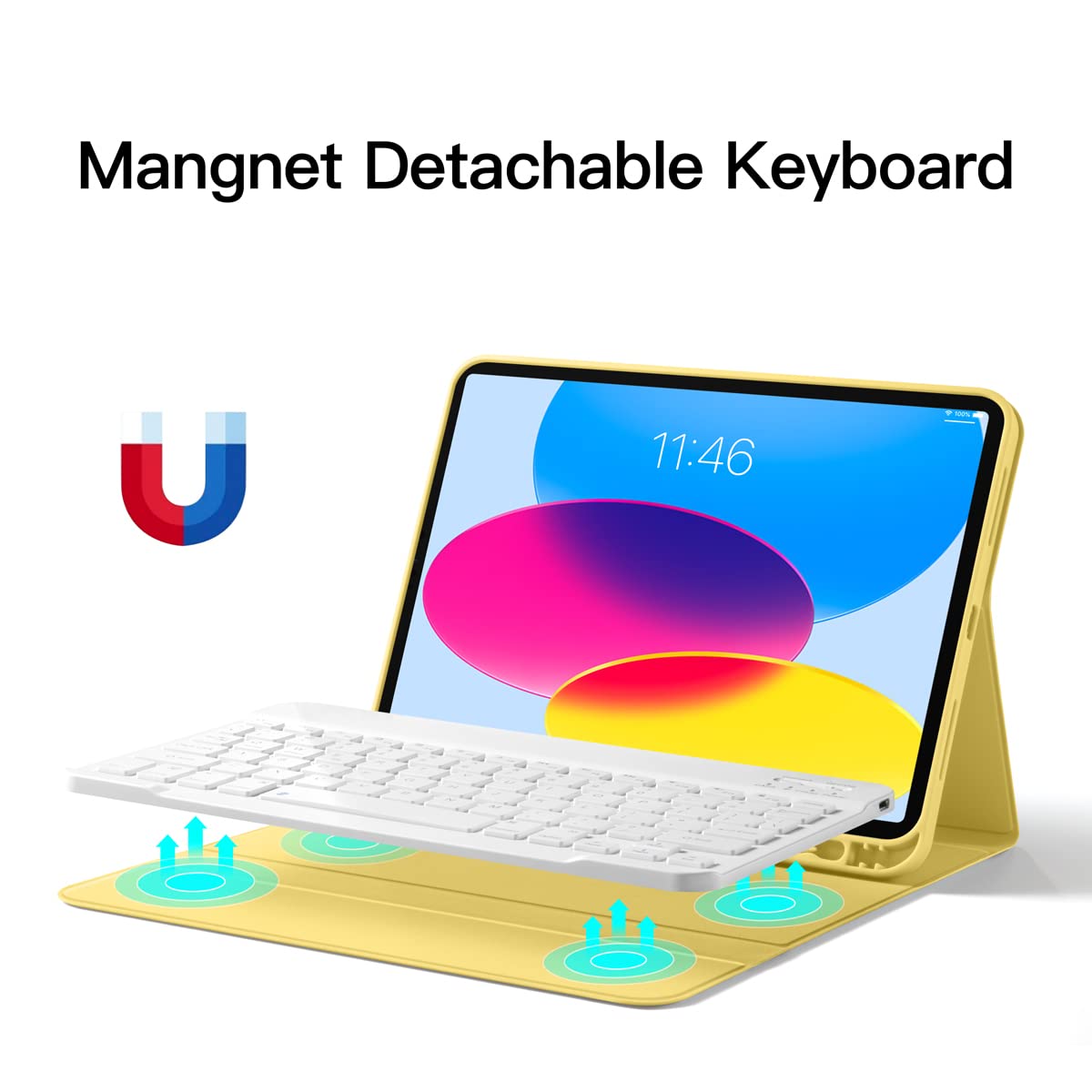 LeiJue Keyboard Smart Case for iPad 10th Generation 10.9 inch 2022,Pu Leather Stand Cover with Magnetic Detachable Keyboard fit for iPad 10th Generation 10.9" 2022,Auto Sleep/Wake (Yellow)