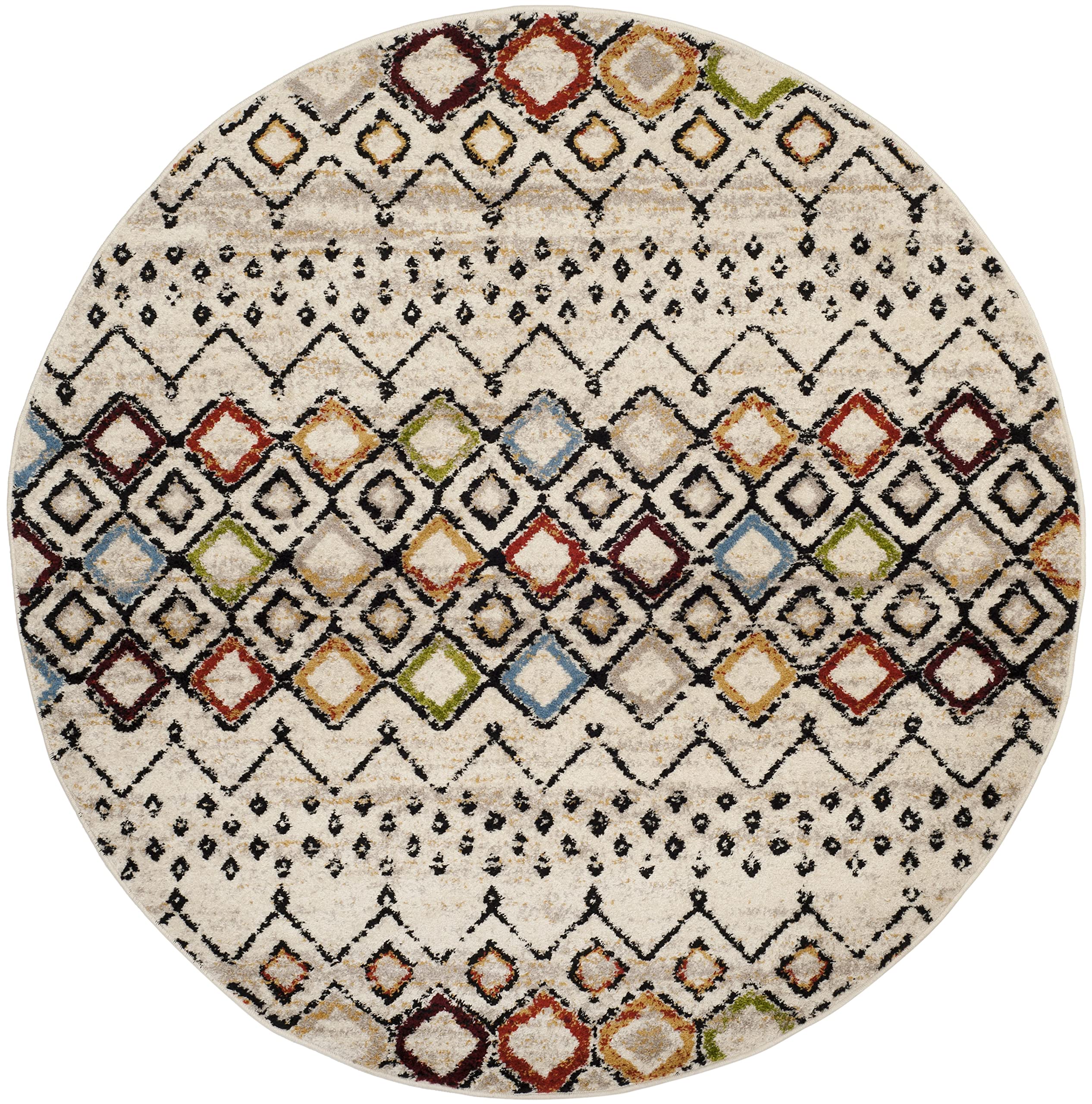 SAFAVIEH Amsterdam Collection Area Rug - 9' Round, Ivory & Multi, Moroccan Boho Design, Non-Shedding & Easy Care, Ideal for High Traffic Areas in Living Room, Bedroom (AMS108K)