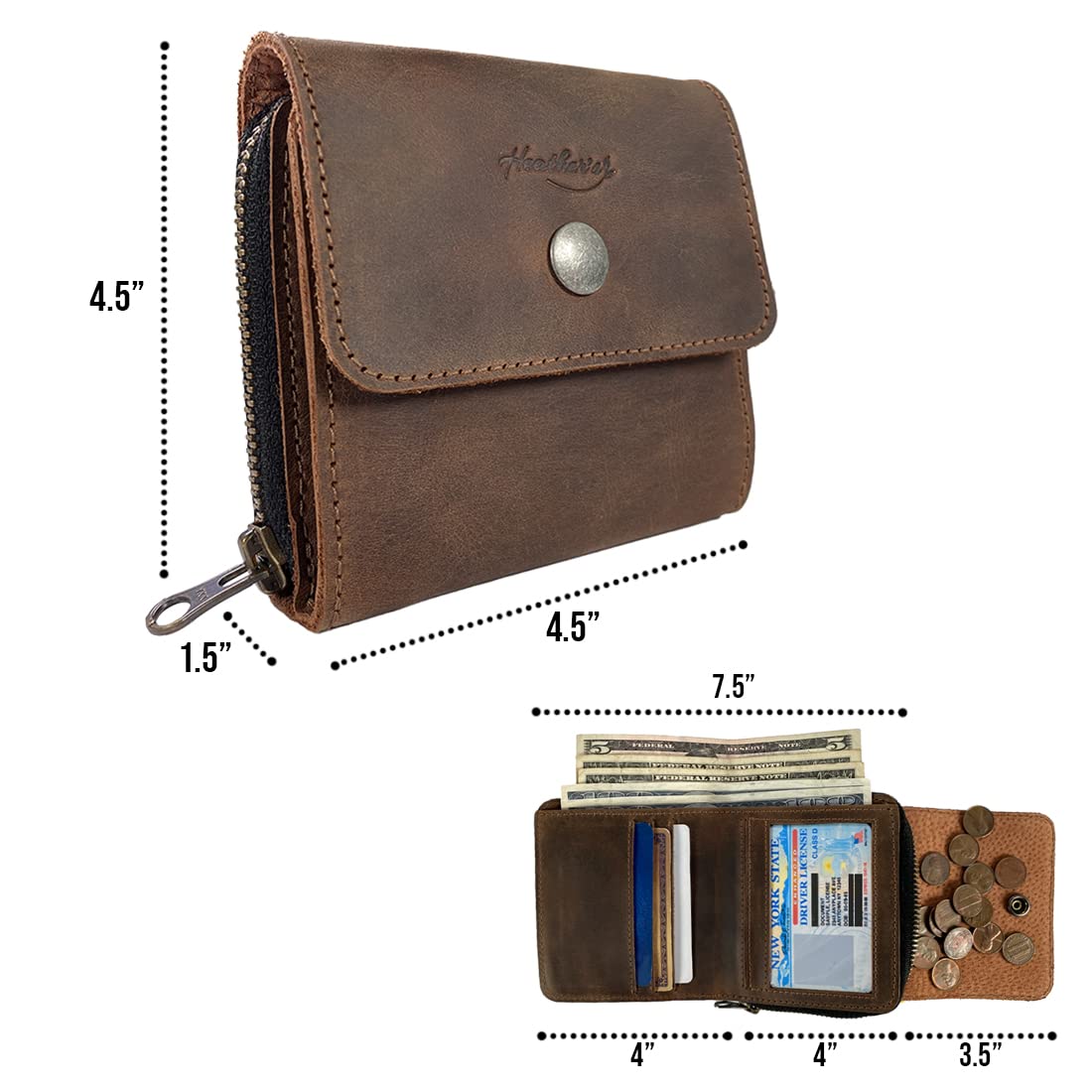 Heather's, Zippered Wallet Handmade from Full Grain Leather - Classic Organizer with Button Closure and Zipper Coin Pocket - Storage Case for ID, Credit Cards, and Cash - Bourbon Brown