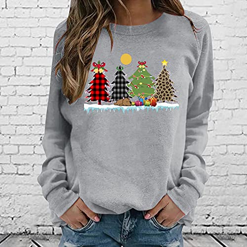 GuangYuan Women Long Sleeve Shirt Christmas Print Pullover Large Size Slouchy Sweatshirt Drop Shoulder Pullover Baseball T-Shirt Grey