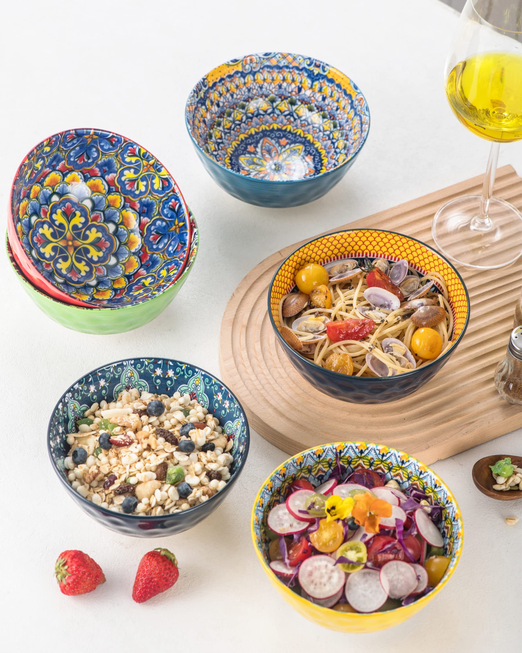 HENXFEN LEAD Ceramic Soup, Pasta Bowls Bundle - Colorful Bowls for Kithchen, Dinner, Eating -Bohemian Style