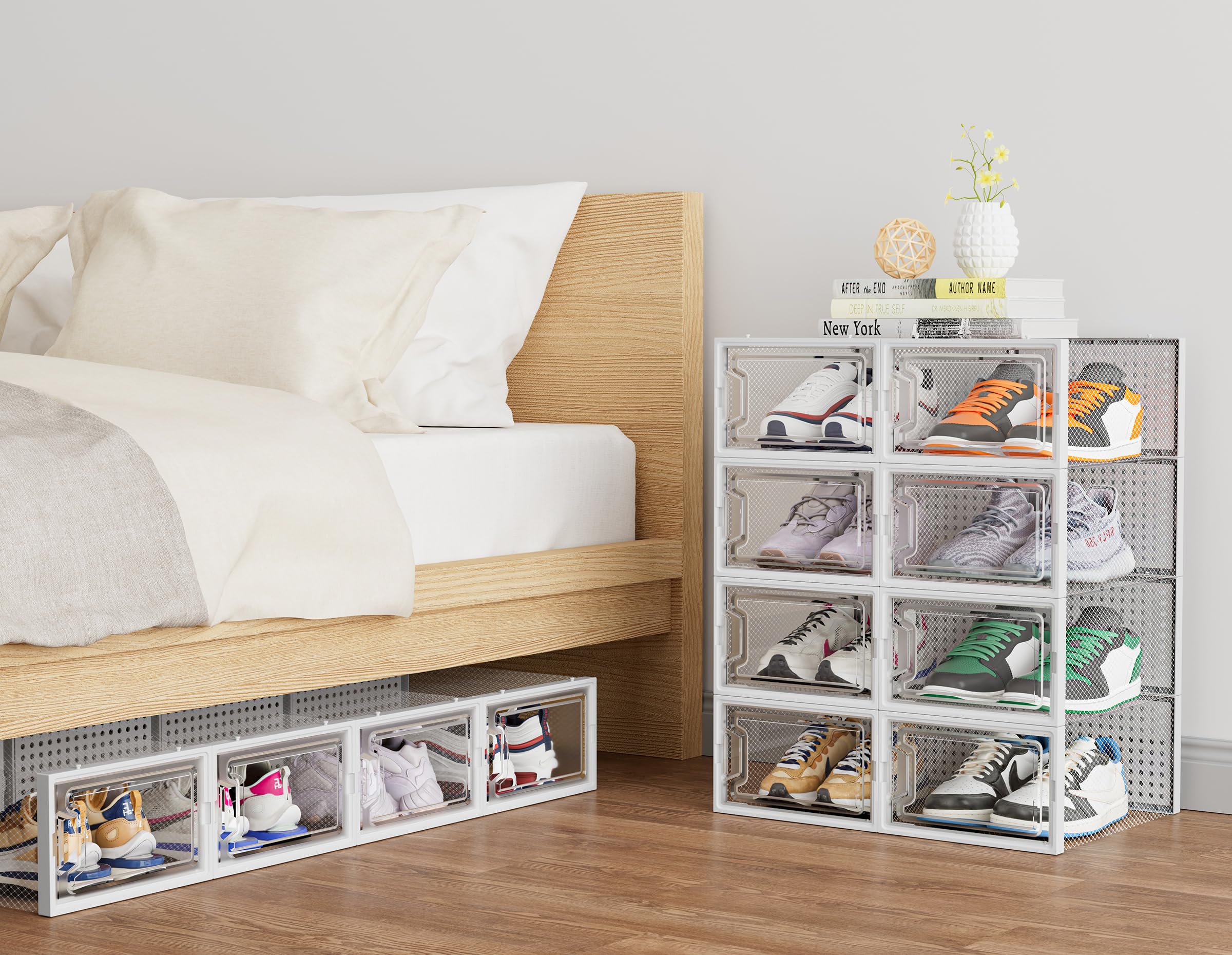 HOMIDEC 12 Pack Shoe Storage Box, Shoe Organizer for Closet, Clear Plastic Stackable Shoe Box, Foldable Shoe Rack Shoe Organizer for Closet Under Bed Entryway(White)