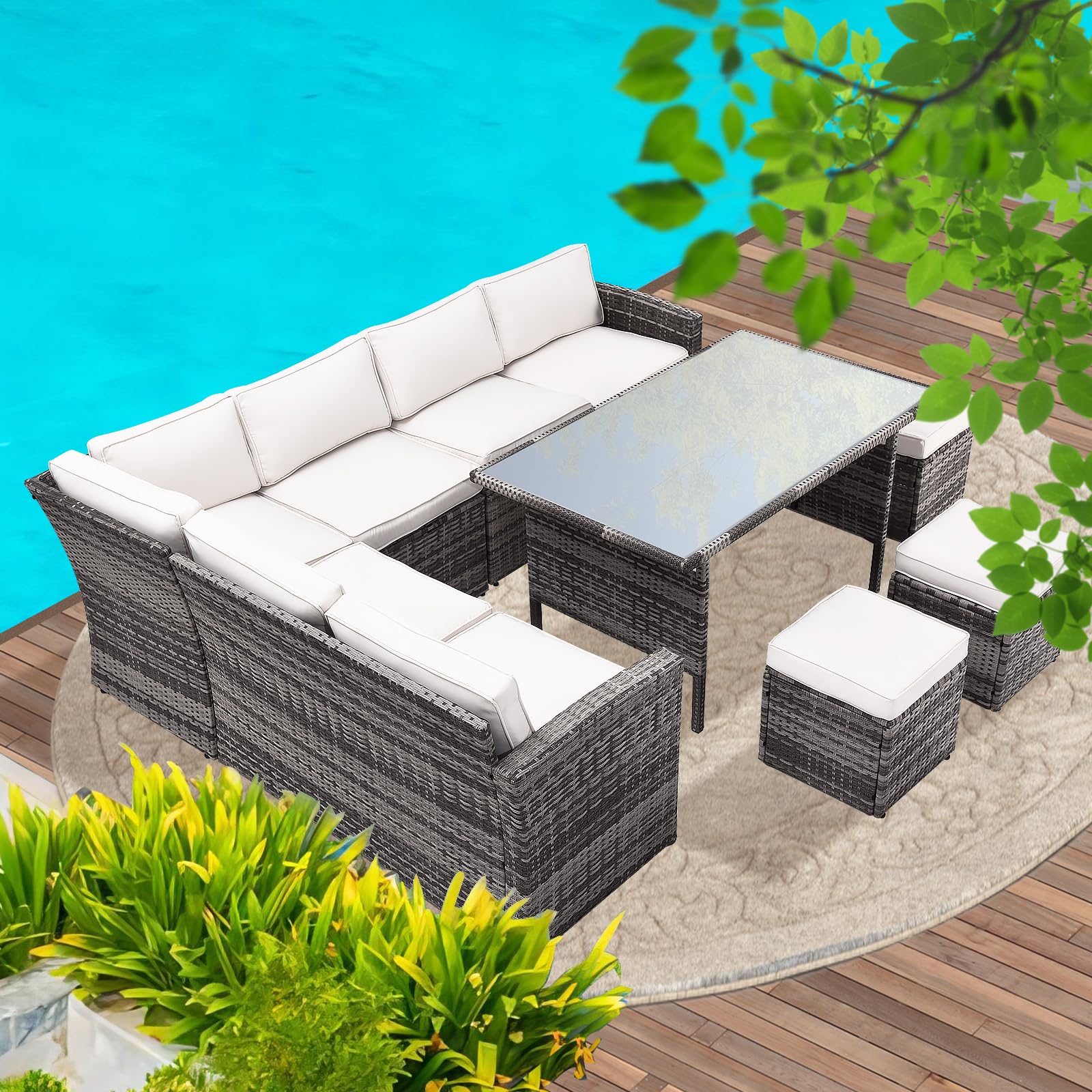 SoarFlash 7 Pieces Wicker Conversation Set Outdoor Patio Furniture Sofa Set, All-Weather Rattan Sectional Sofa with Ottoman, Cushion, Dining Table for Garden, Backyard,Poolside, Beige
