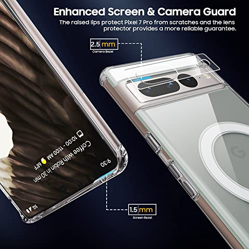MAKAVO for Pixel 7 Pro Case, Magnetic Case Compatible with MagSafe, Slim Thin Hard Back & Soft Edges Crystal Clear Cover Shockproof Phone Shell with Camera Lens Protector