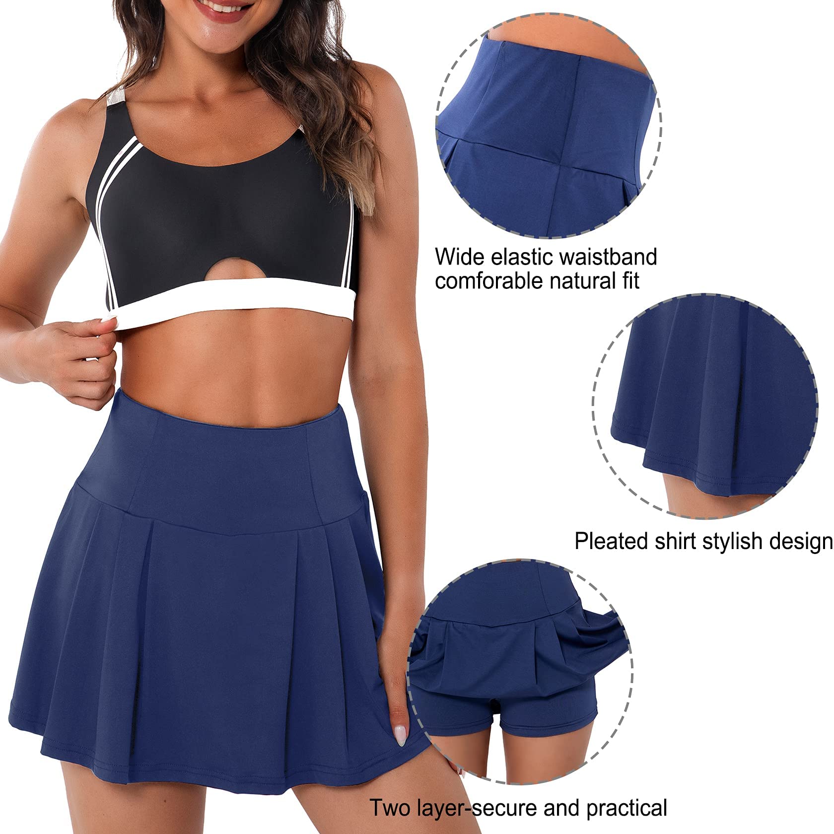 Generic Women's Active Skort Athletic Stretchy Pleated Tennis Skirt for Running Golf Workout Navy Blue,Large