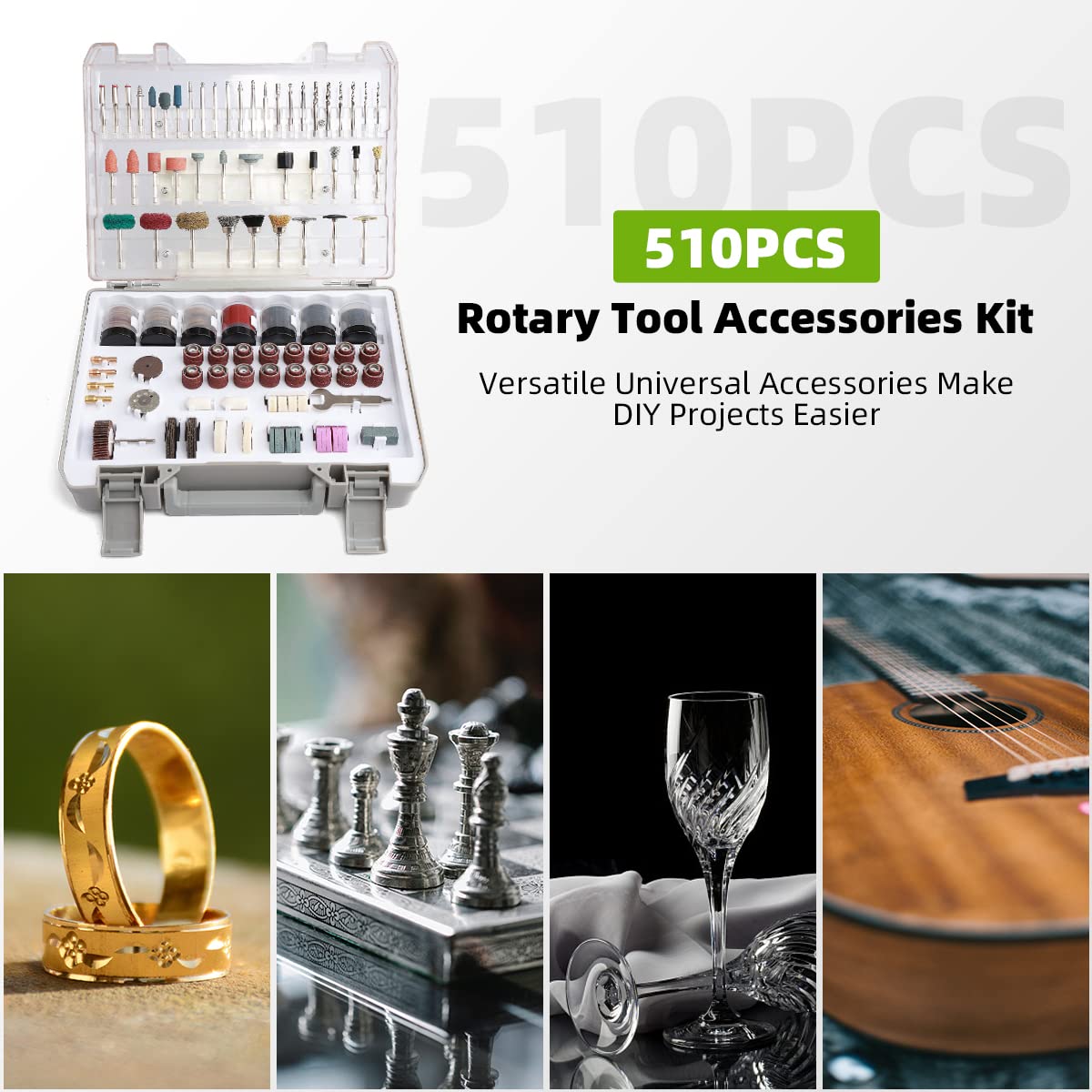 Huepar Tools Rotary Tool Accessories Kit, 510Pcs Accessories Kit,1/8 inch(3.2mm) Diameter Shanks, Universal Accessories for Easy Cutting, Sanding, Grinding, Carving, Polishing, Drilling and Engraving