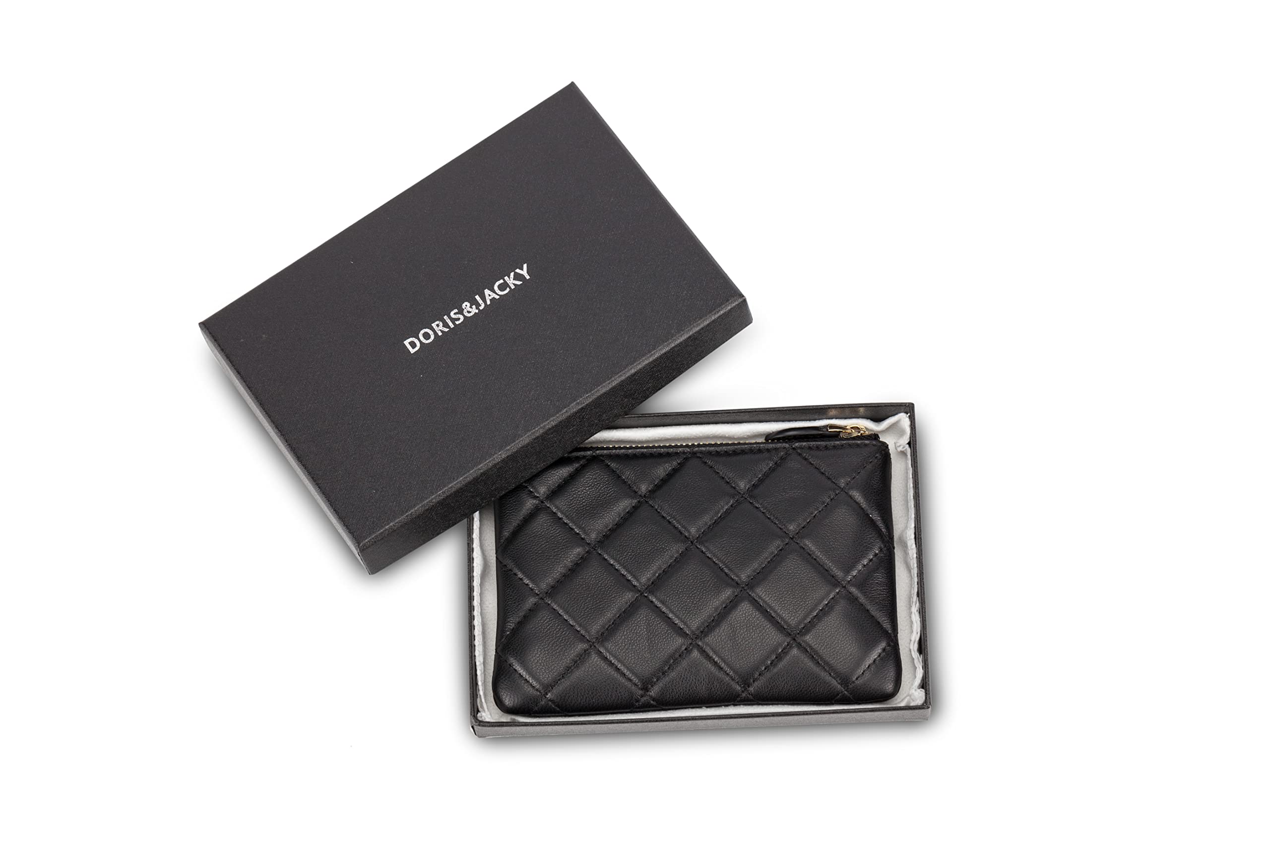 DORIS&JACKY Soft Lambskin Leather Coin Purse Small Quilted RFID Blocking Top Zipper Wallet With Keychain (Black)