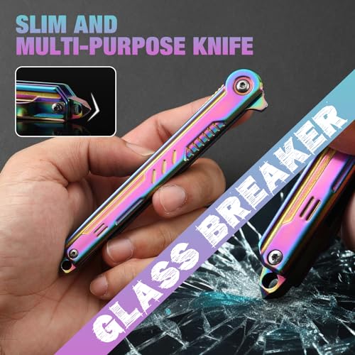 DRACHENADER Tanto Folding Knife for Women and Men, Rainbow Color Slim Gentleman's Tanto Balde Pocket Knife Small Mini Edc Knife for Keychain