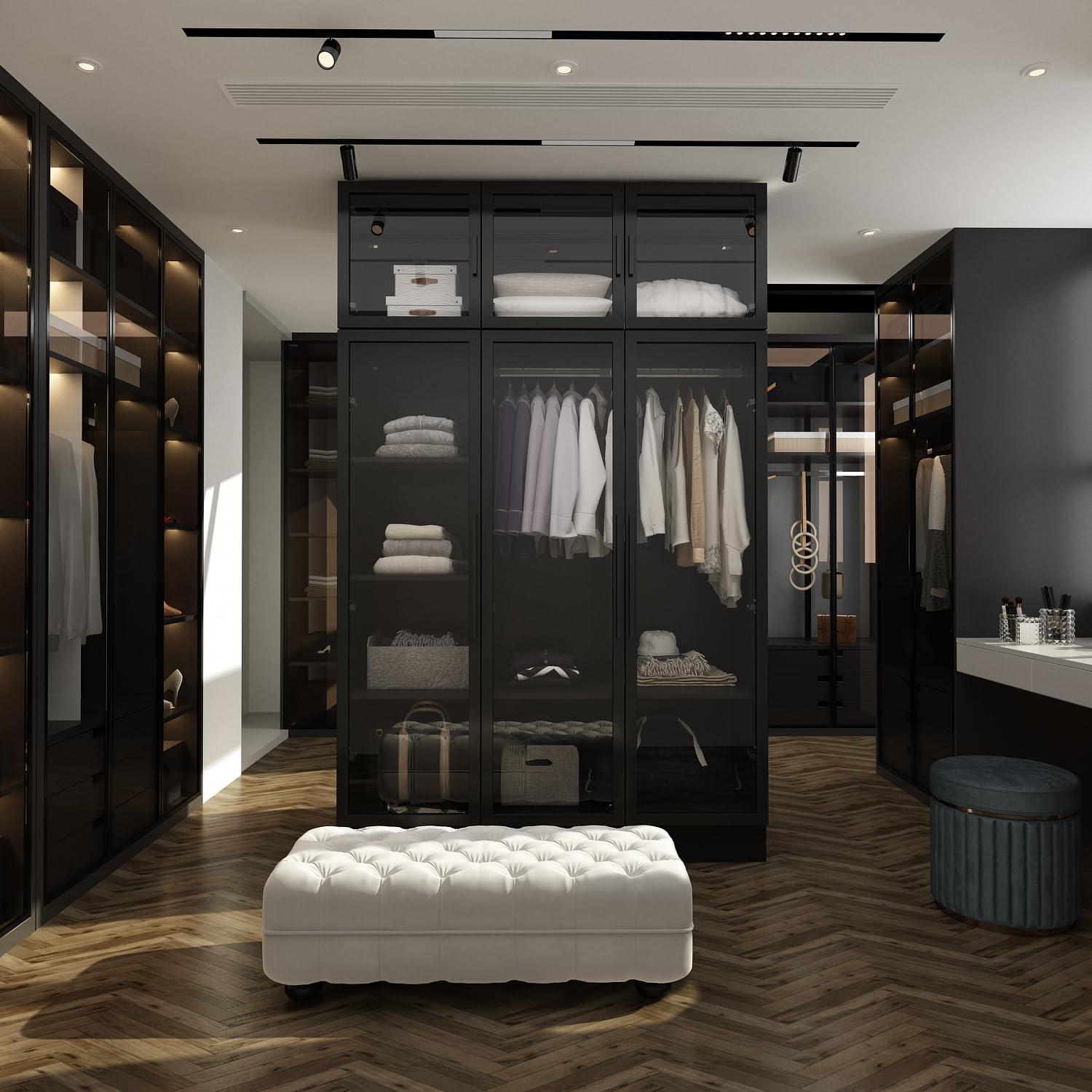 Hitow Wardrobe Cabinet with LED Light Strips, Modern Armoire Closet with Glass Doors, 59.1" W Large Bedroom Armoire Clothes Organizer with Shelve & Hanging Rods, Modern Glass Display Cabinet, Black