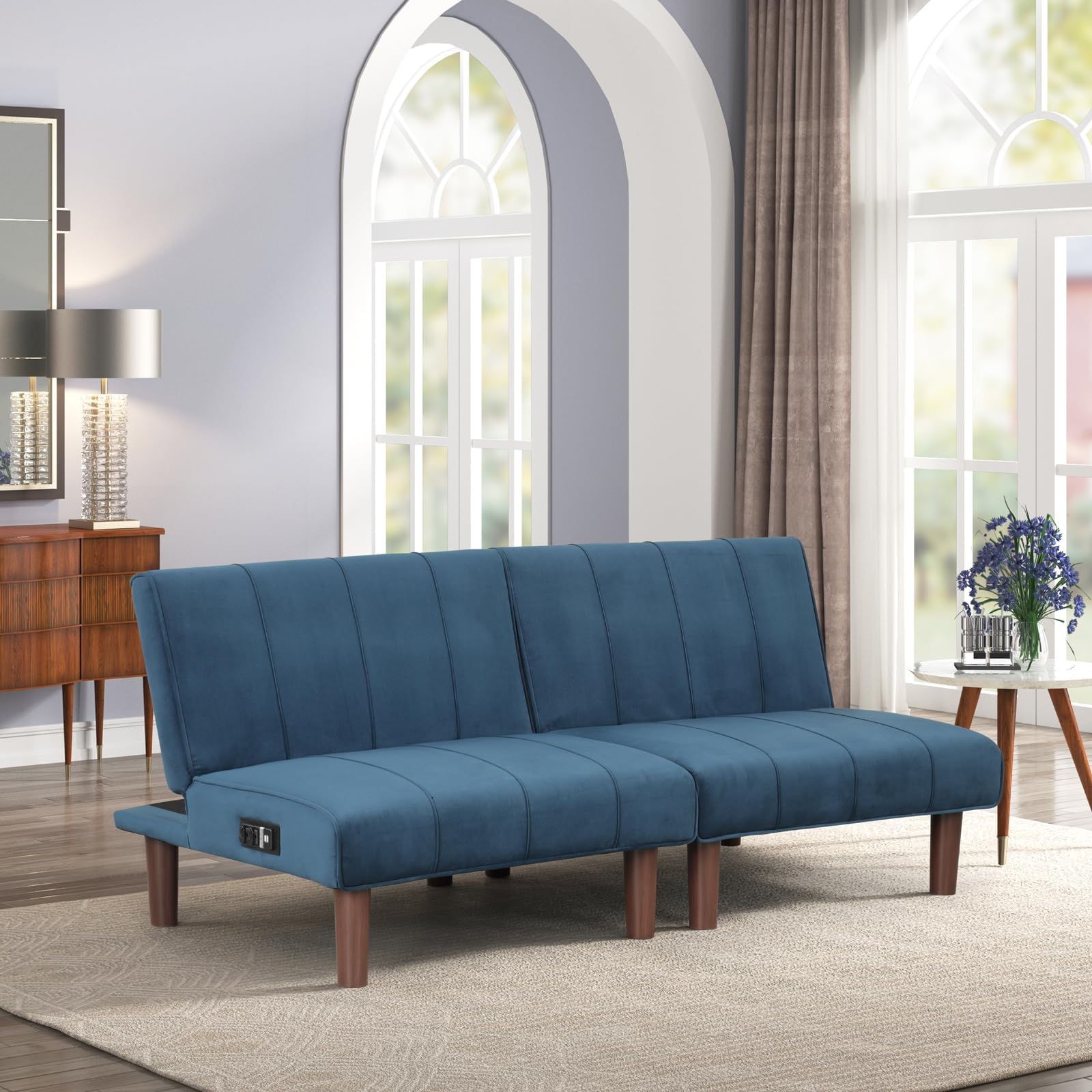 KAIRUITUCH Convertible Futon Sofa Bed Twin/USB, Foldable Loveseat Futon Couch Adjustable Backrest,2 Pack Small Sleeper Sofa for Living Room, Small Space, Apartment, Blue Fabric, 305BL1-BL1USB