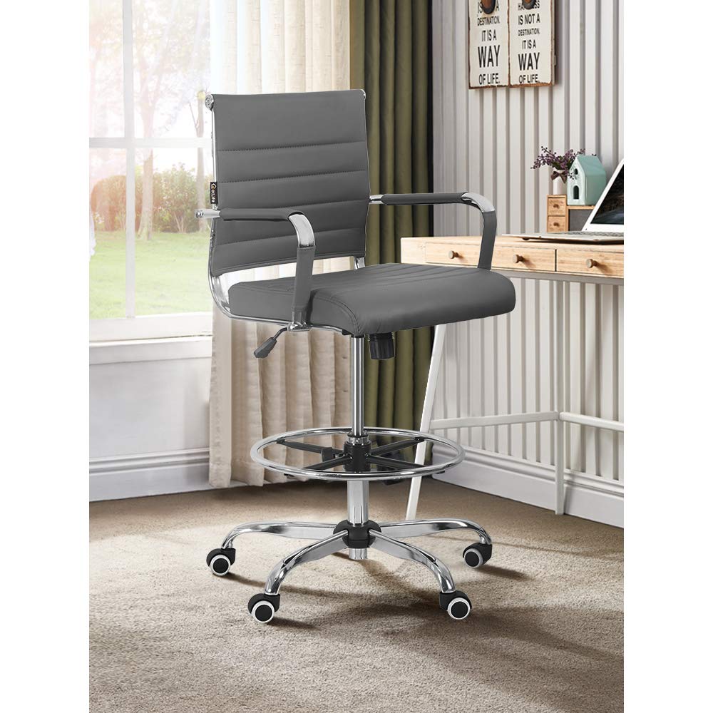 Drafting Chair Stool with Footring,Computer Chair with Arm PU Wrap,Footrest Height Adjustable,Padded Tall Ribbed,Back Support ,Swivel Rolling,Footrest,Office Chair Swivel Computer Task Chair (Grey)