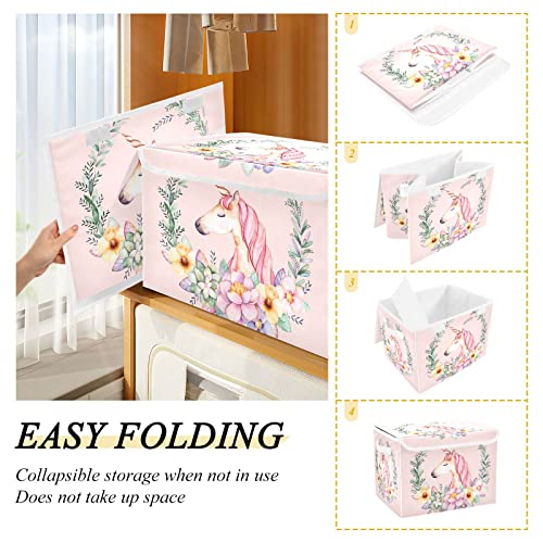 Kigai Valentine Unicorn Flower Lidded Home Storage Bins, Foldable Storage Basket with Double Handle, Flip-Top Storage Box for Toys Clothes Documents