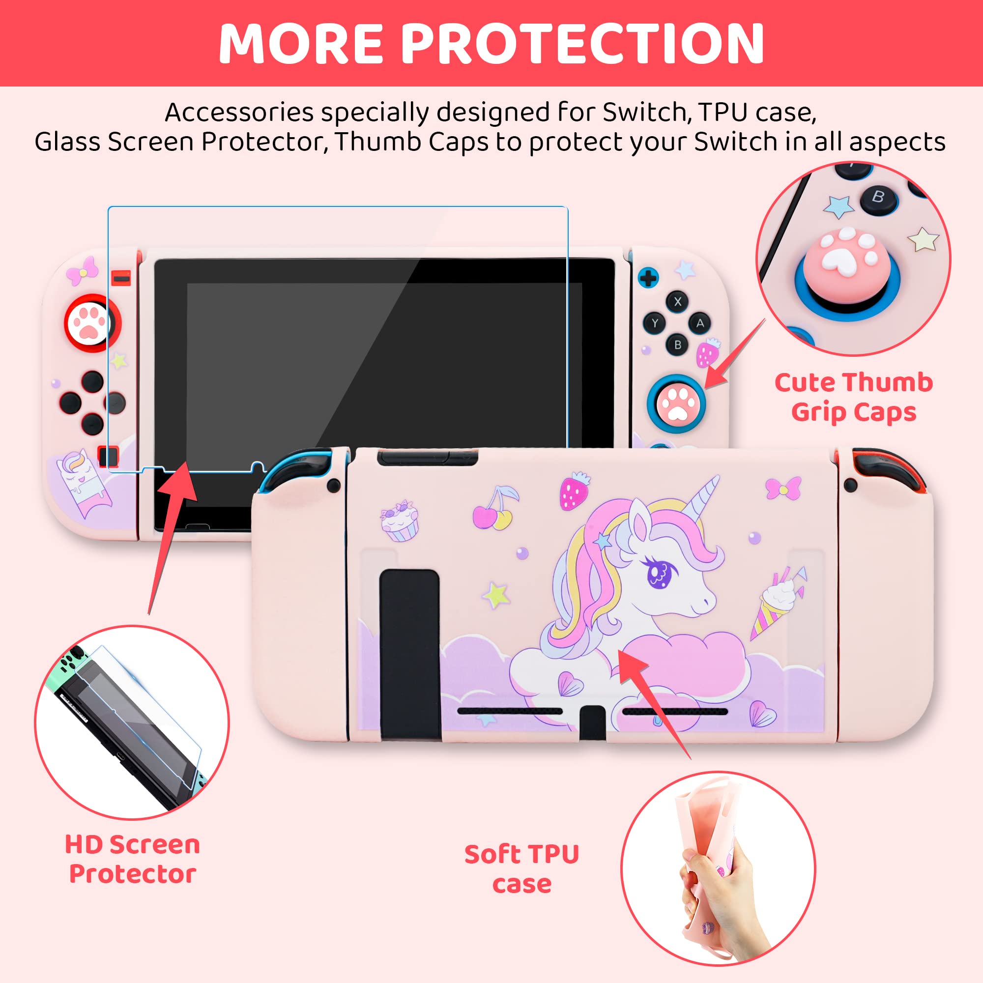 GLDRAM Unicorn Case for Nintendo Switch Accessories, Pink Carrying Case Bundle with Travel Bag, Soft TPU Cover, Screen Protector, Paw Thumb Grip Caps, Shoulder Strap, Cute Switch Kit for Girls