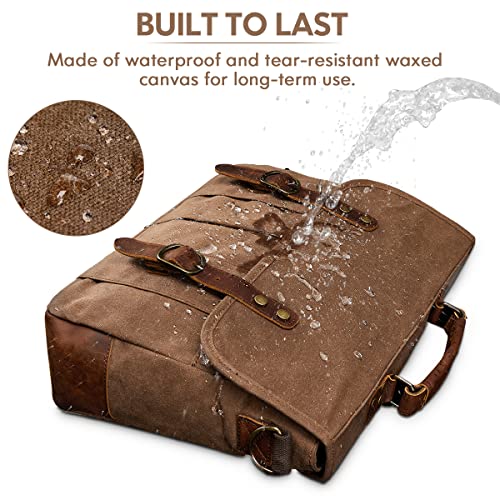 Mens Messenger Bag 15.6 Inch Waterproof Vintage Genuine Leather Waxed Canvas Briefcase Retro Office Computer Laptop Bag Large Satchel Shoulder Bag for Men Women, Brown
