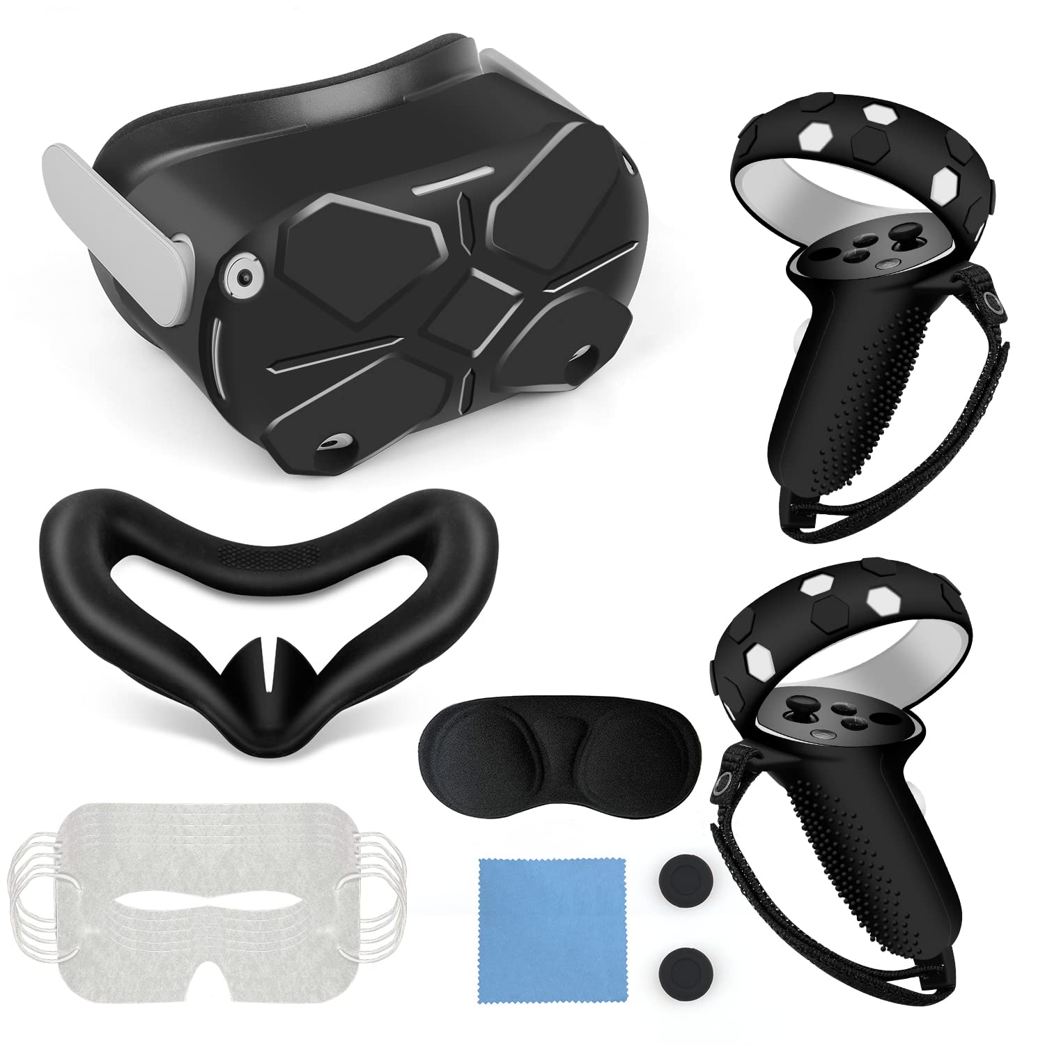 Hevanto VR Silicone Cover for Ouest 2, VR Silicone Face Cover Set for Virtual Reality Headset, VR Shell Cover, Quest 2 Touch Controller Grip Cover, Protective Lens Cover, Disposable Eye Cover(Black)