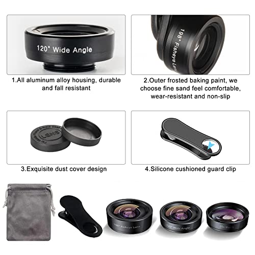 Phone Camera Lens 3-in-1 Kit :120° Supe Wide Angle +198° fisheye Lens+ 20x Macro Lens for iPhone Samsung Android & Most Smartphone,HD Phone Lens Kit