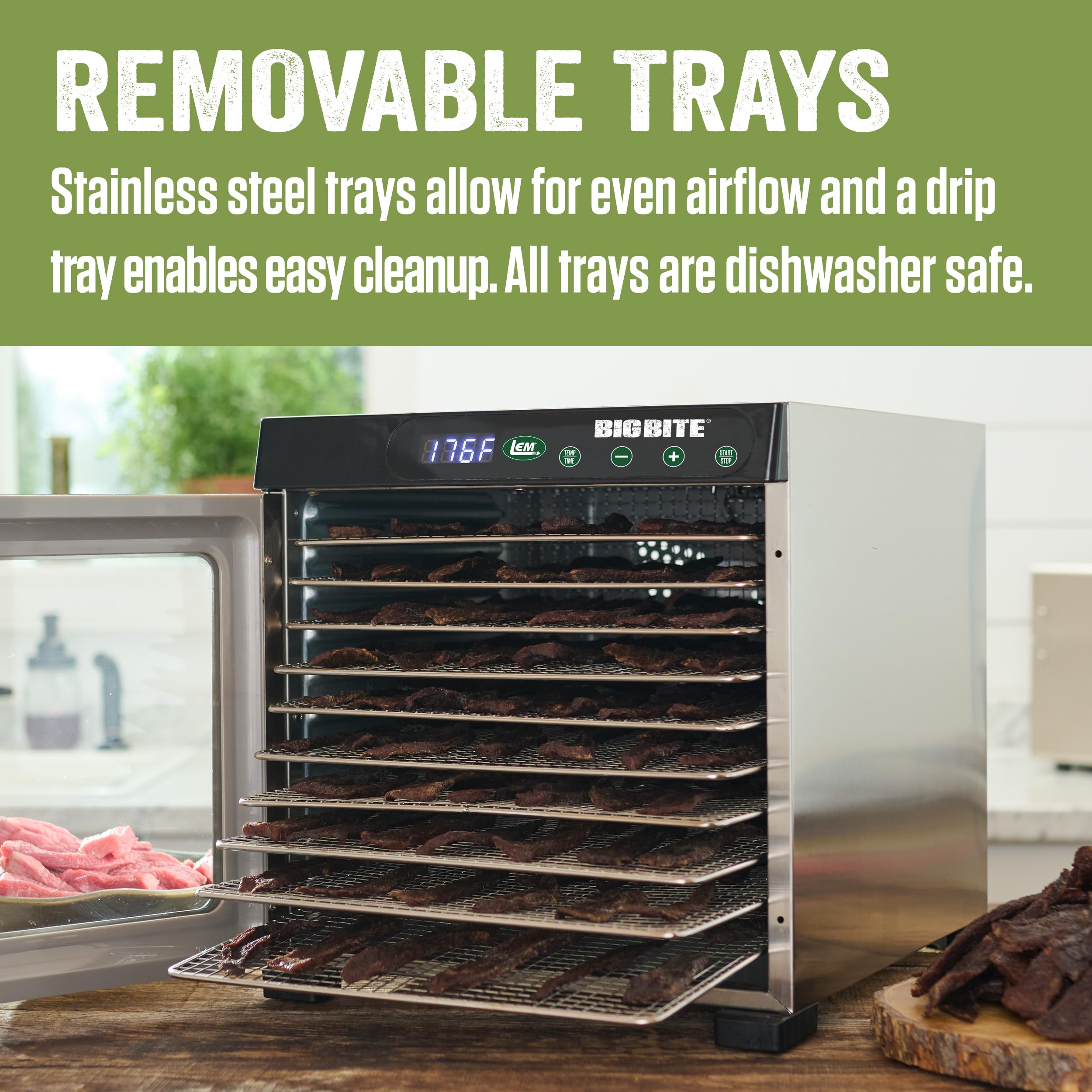LEM Products BigBite 10-Tray Stainless Steel Dehydrator, Food Dehydrator for Beef Jerky, Meat, Vegetables, and Fruits, Includes Dryer Machine and 10 Trays, Silver