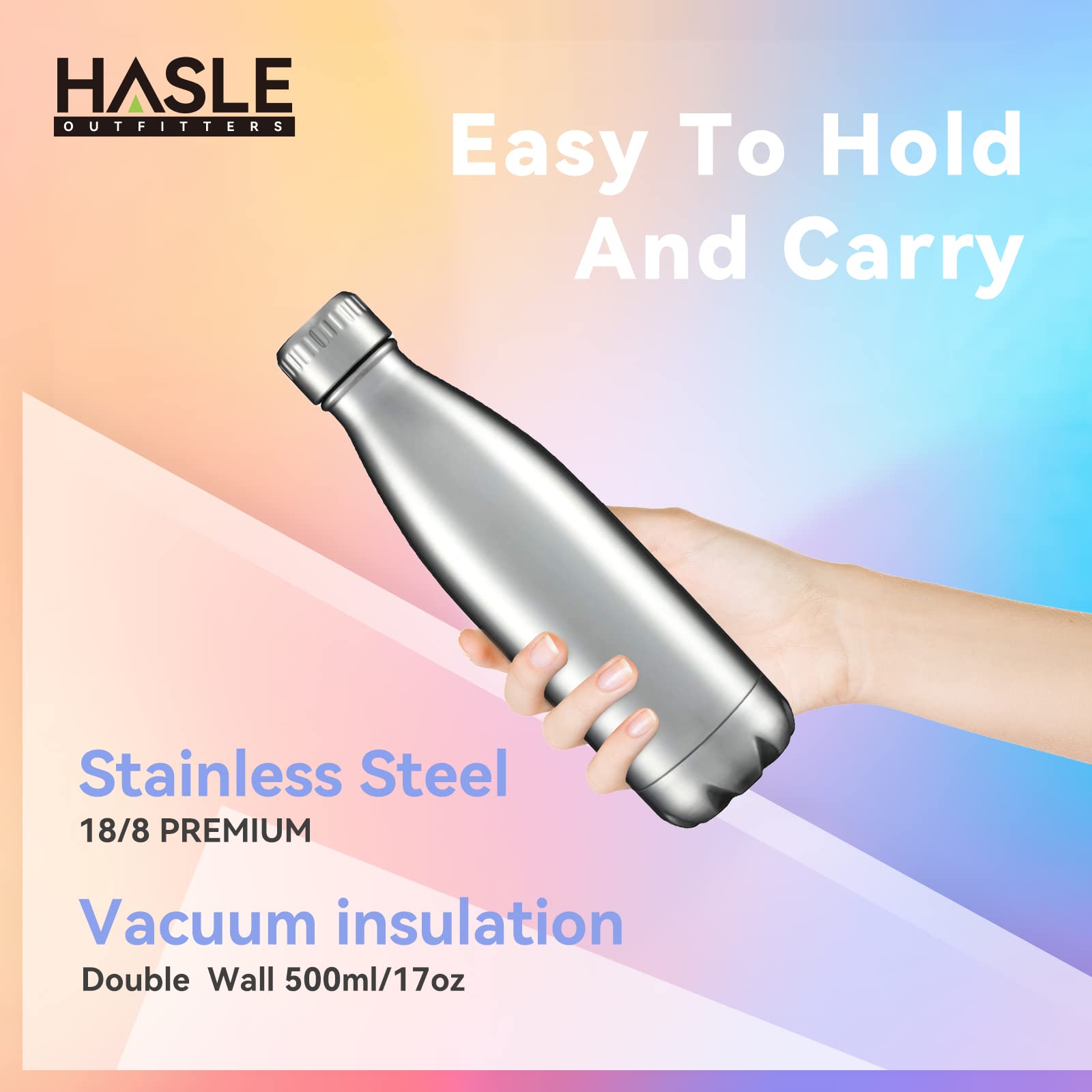 HASLE OUTFITTERS 17oz Stainless Steel Water Bottles, Vacuum Insulated Water Bottles Double Walled Reusable Metal Sports Water Bottles Keep Drinks Hot and Cold, Stainless, 1Pack