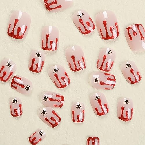 Halloween Short Press on Nails Square Fake Nails Red Glitter Blood Nail Tip Designs Stick on Nails with Spider Nude Acrylic Nails Short Halloween Fake Nails for Women 24Pcs