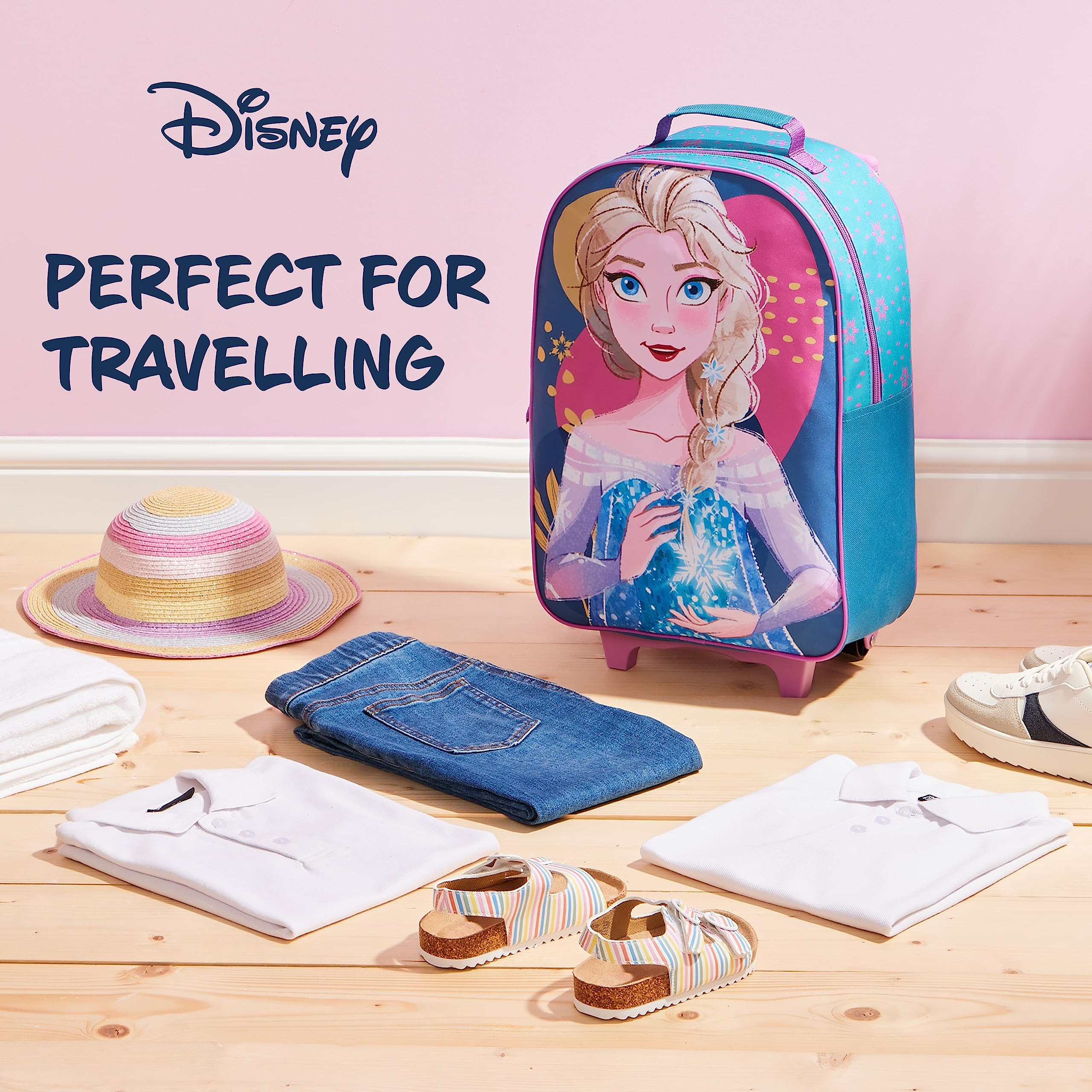 Disney Foldable Suitcase for Girls with Wheels, Trolley Hand Luggage Bag - Minnie Mouse Carry On Travel Bag for Kids (Blue Elsa)